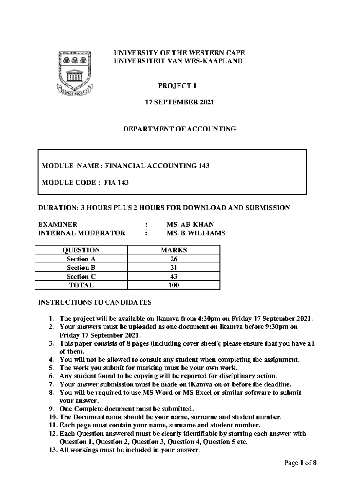 FIA 143 2021 Project 1 - UNIVERSITY OF THE WESTERN CAPE UNIVERSITEIT ...