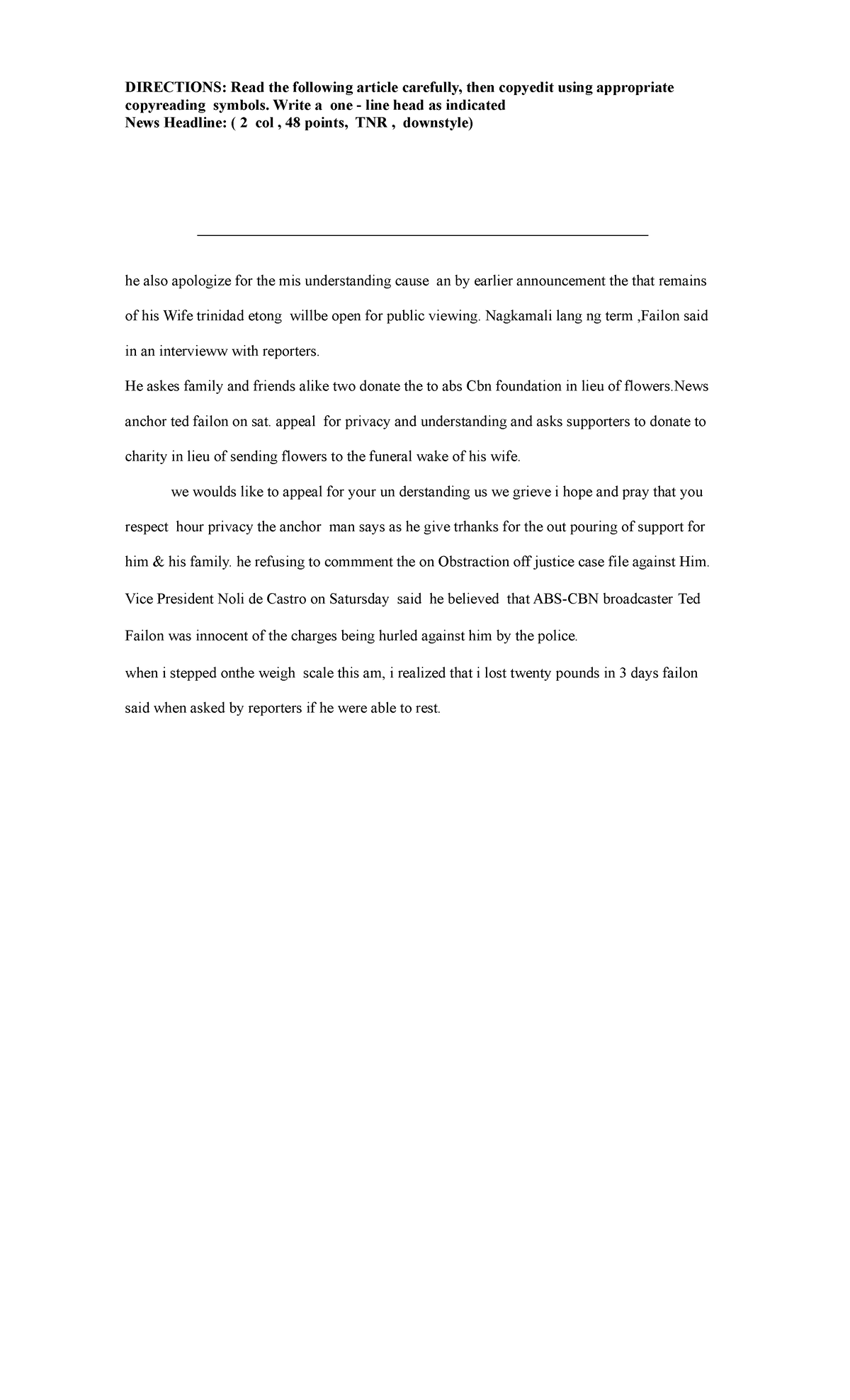 Copyreading Exercise 6 - DIRECTIONS: Read the following article ...