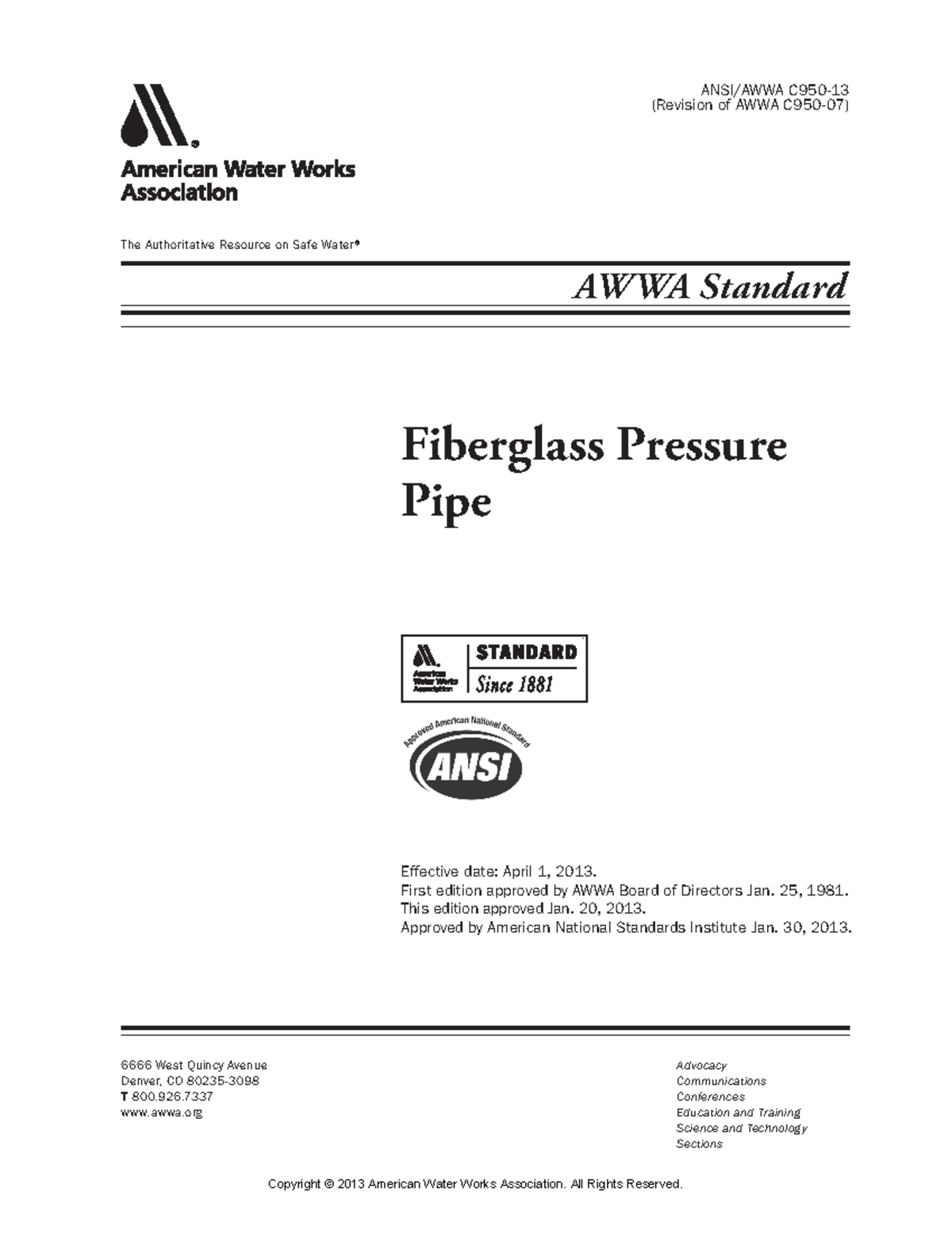 AWWA C950 - Fiberglass pressure pipe - © ANSI/AWWA C950- (Revision of ...