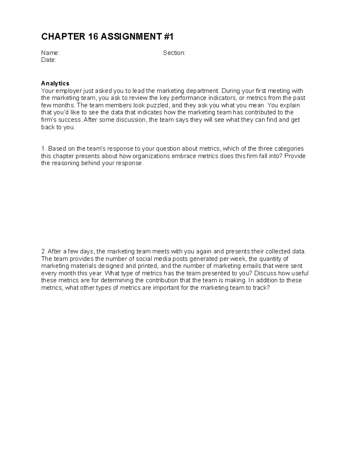 Chapter 16 Assignment #1 dor - BU 416 - WLU - Studocu