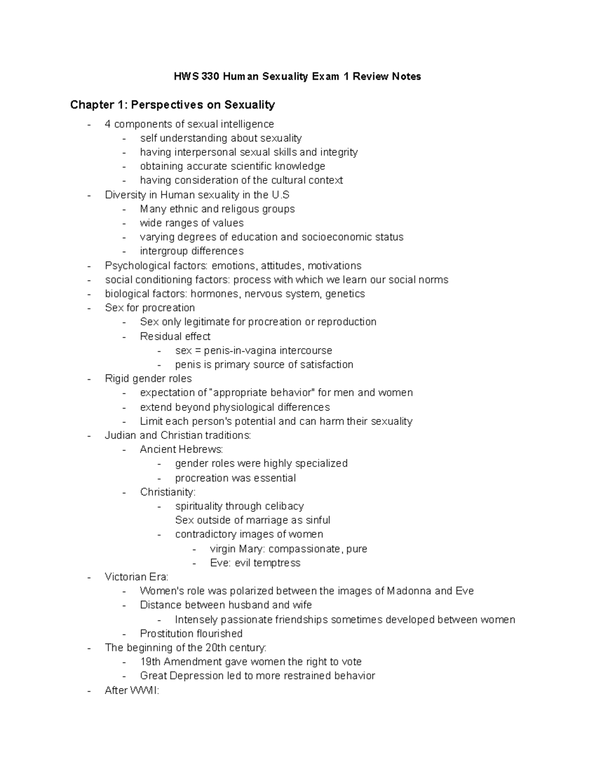 Hws330 Exam 1 Review Notes1 Hws 330 Human Sexuality Exam 1 Review Notes Chapter 1 