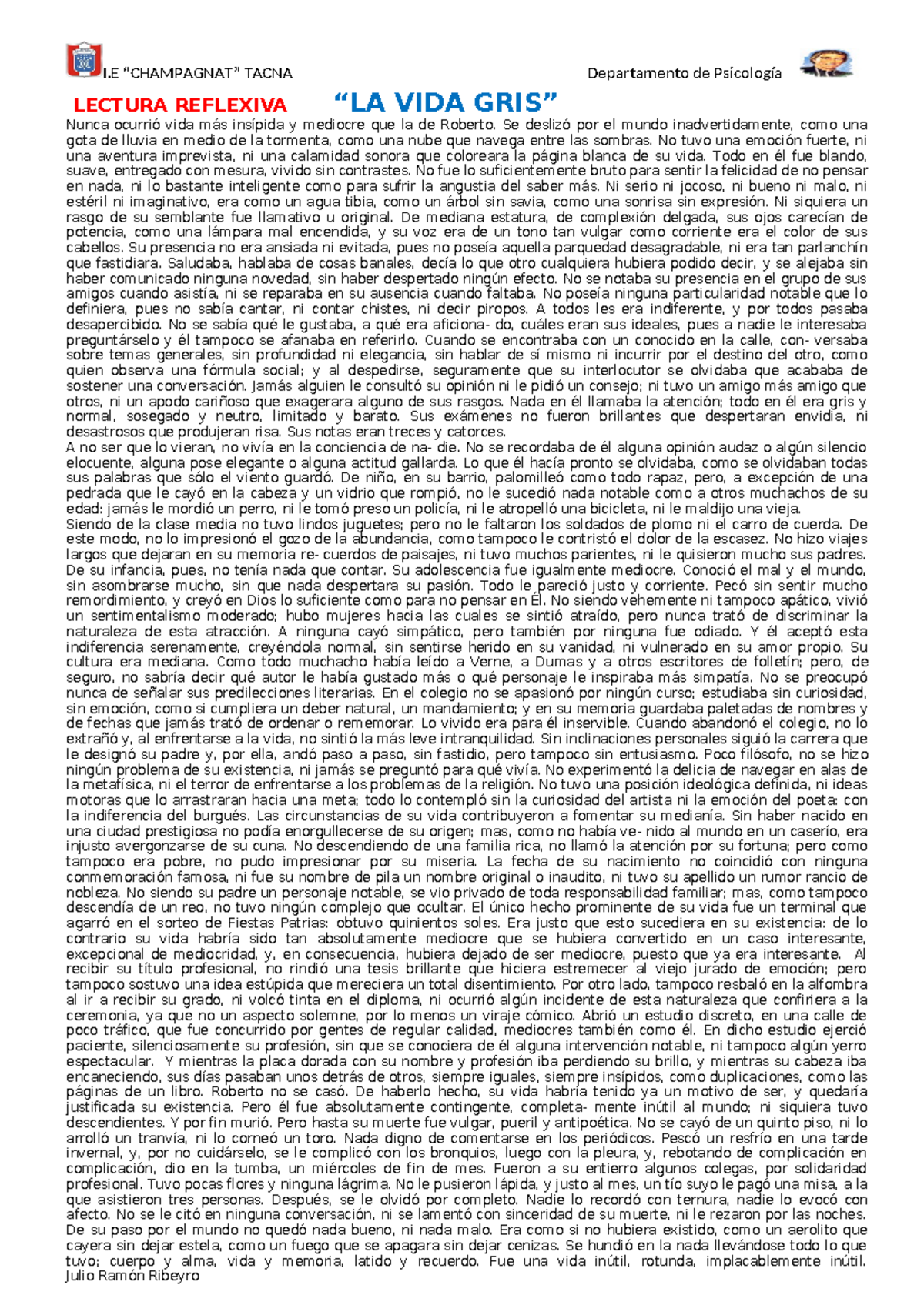 Ficha L.E. 104 Lectura Reflexiva - I “CHAMPAGNAT” TACNA Departamento de ...