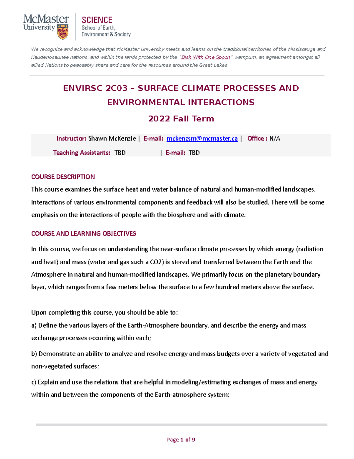 Envirsc 2c03 Course Outline We Recognize And Acknowledge That Mcmaster University Meets And