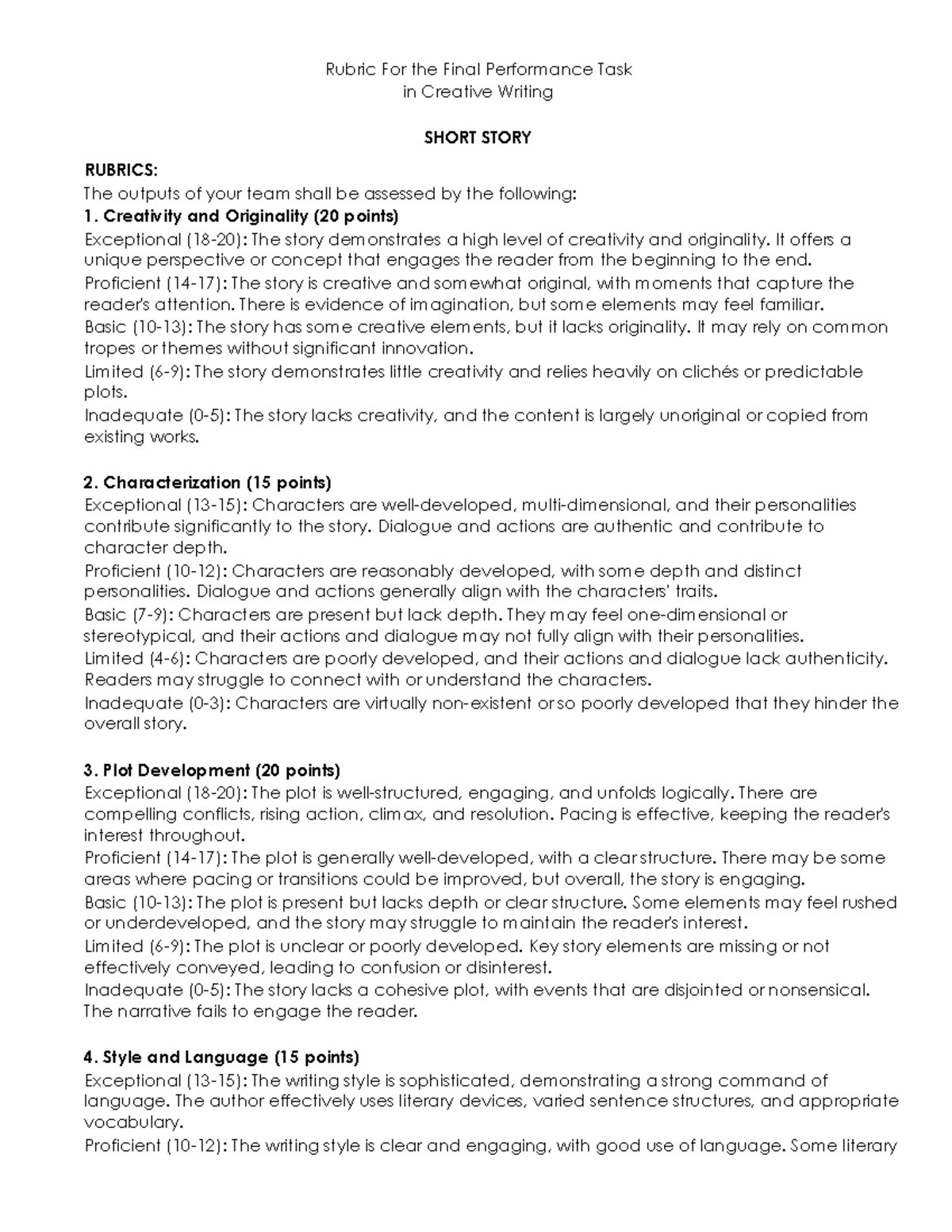 Short Story Rubric - Rubric For the Final Performance Task in Creative ...