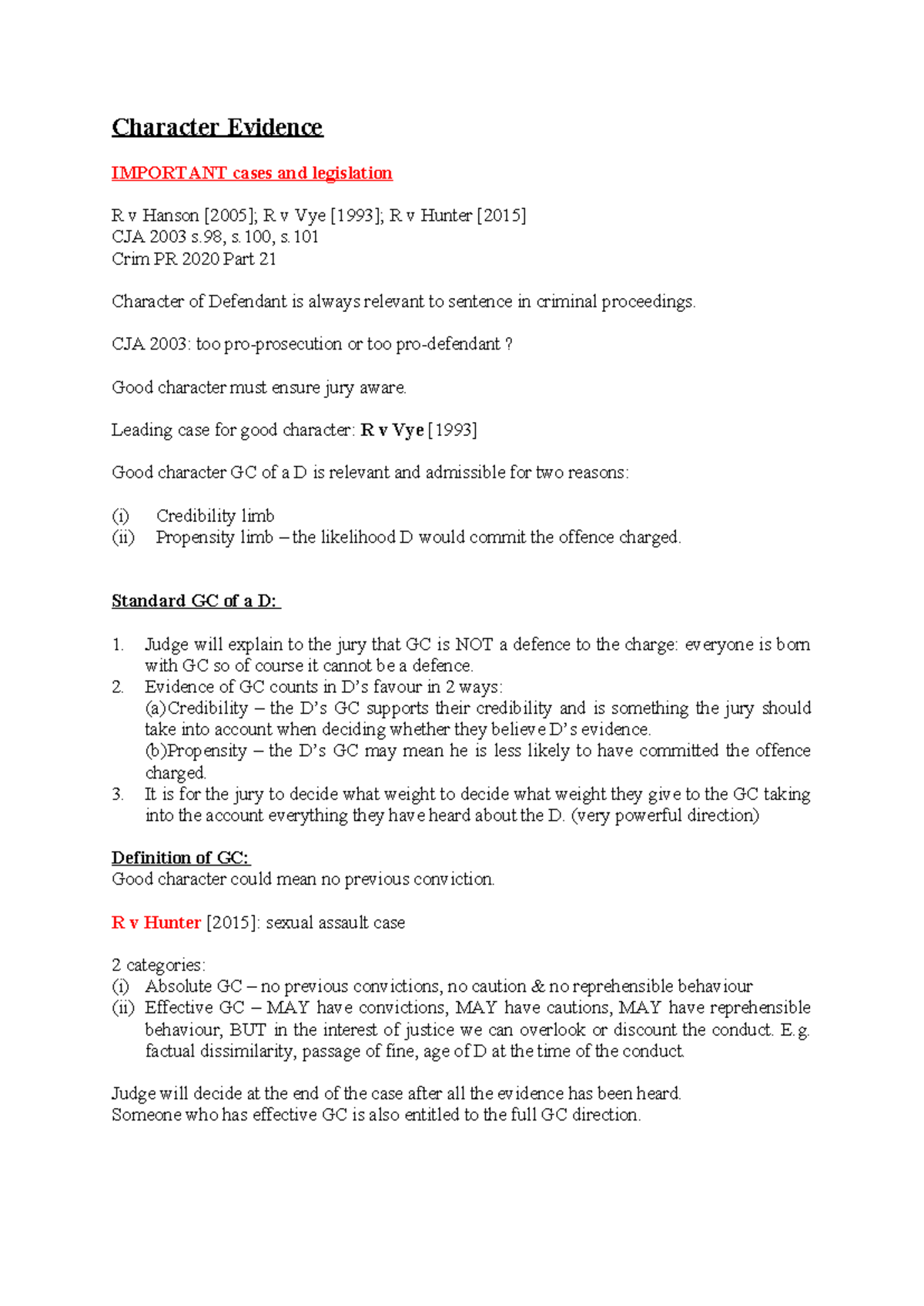 Unit 12 - Character Evidence - Character Evidence IMPORTANT cases and ...