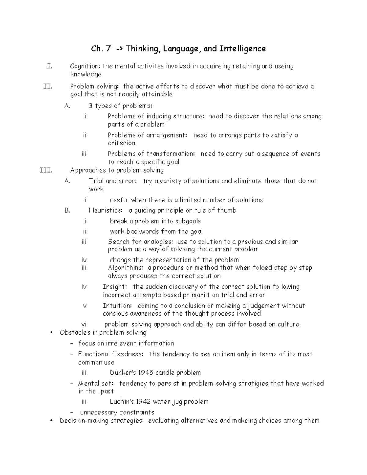 Mid- Term Study Notes - I. II. Ch. 7 Thinking, Language, and ...