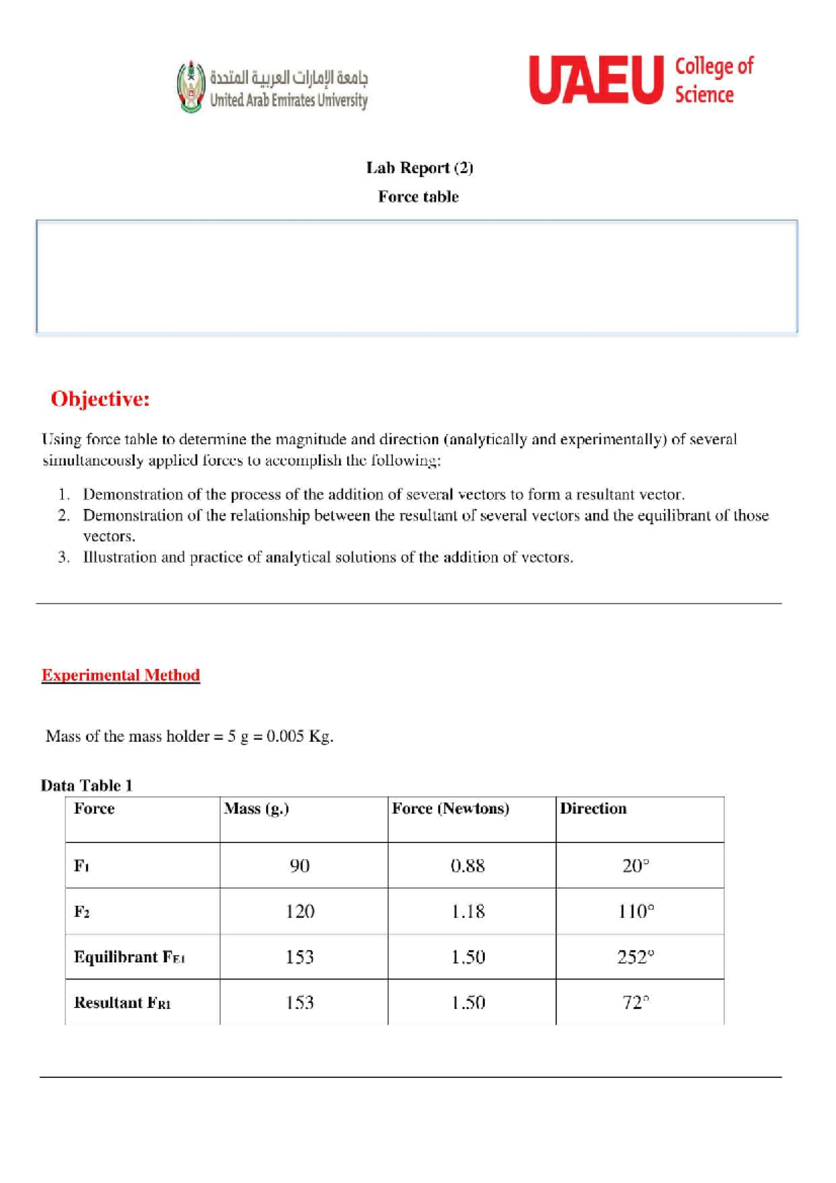 General Physics Lab 1 (PHYS 135). Forcetable experiment completed, full ...