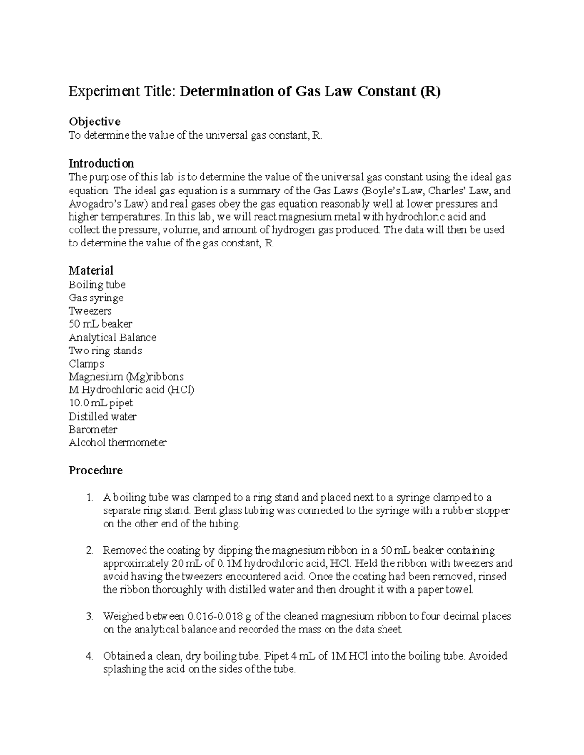 Gas Constant Experiment