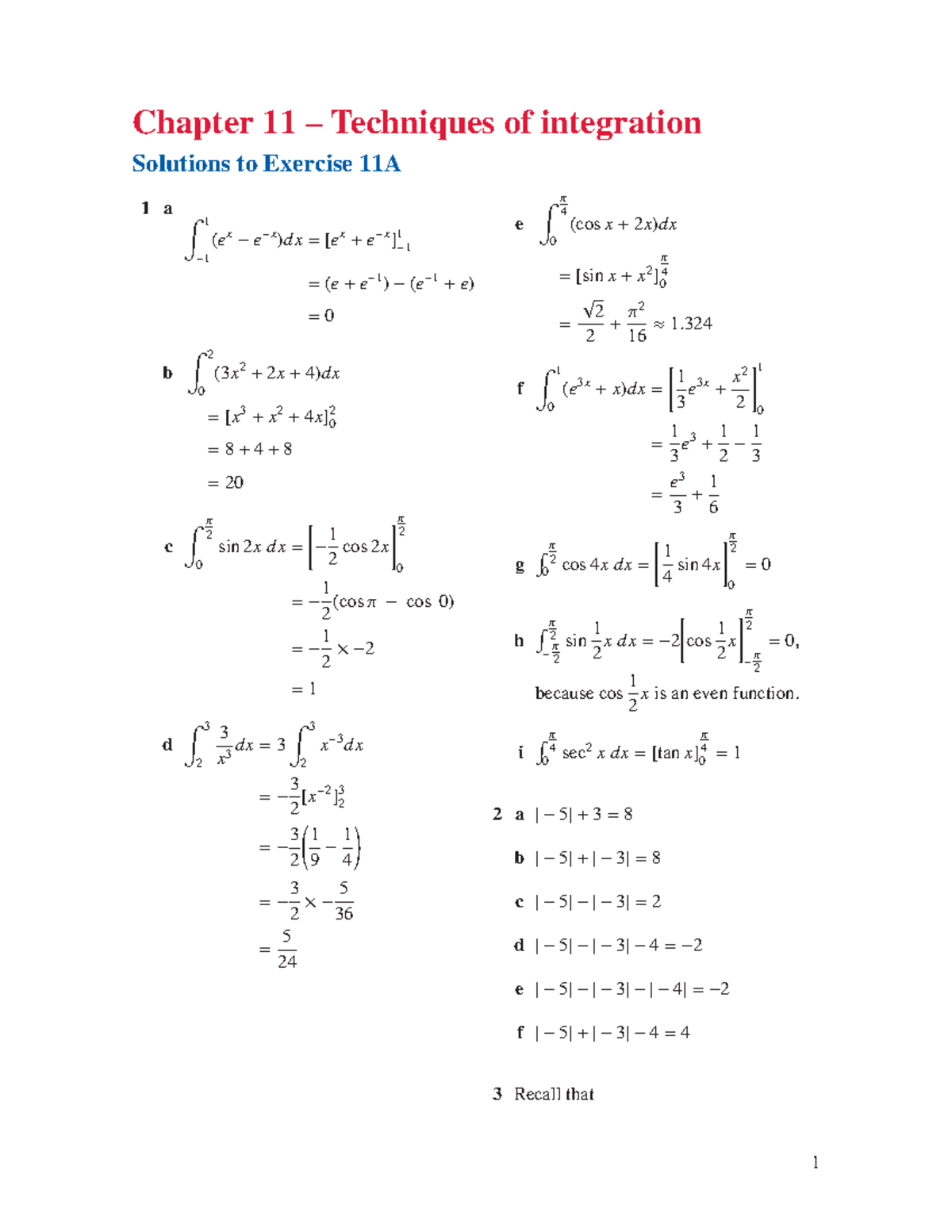 Chapter 11 worked solutions - Chapter 11 – Techniques of integration Solutions to Exercise 11A 1 ...