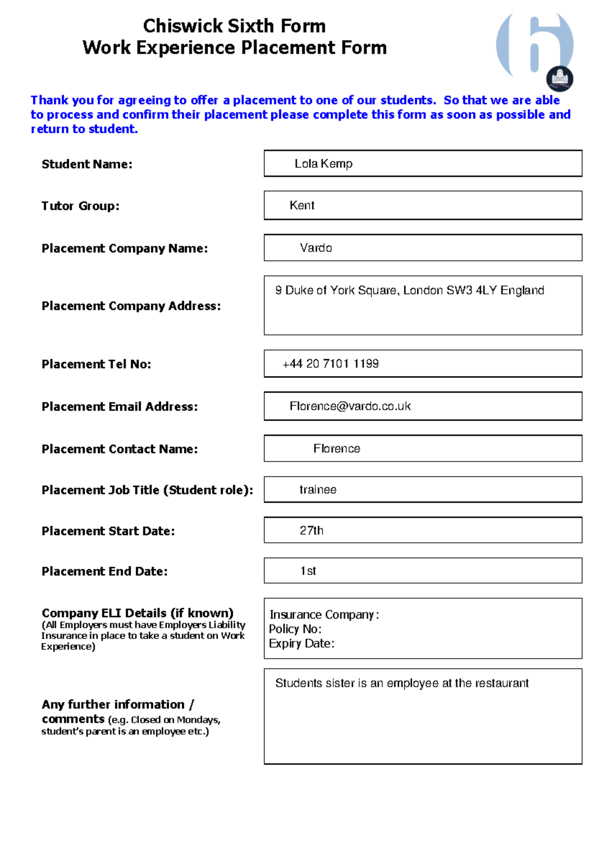 Copy of Chiswick Sixth Form Yr12 WEX Placement Form - Thank you for ...