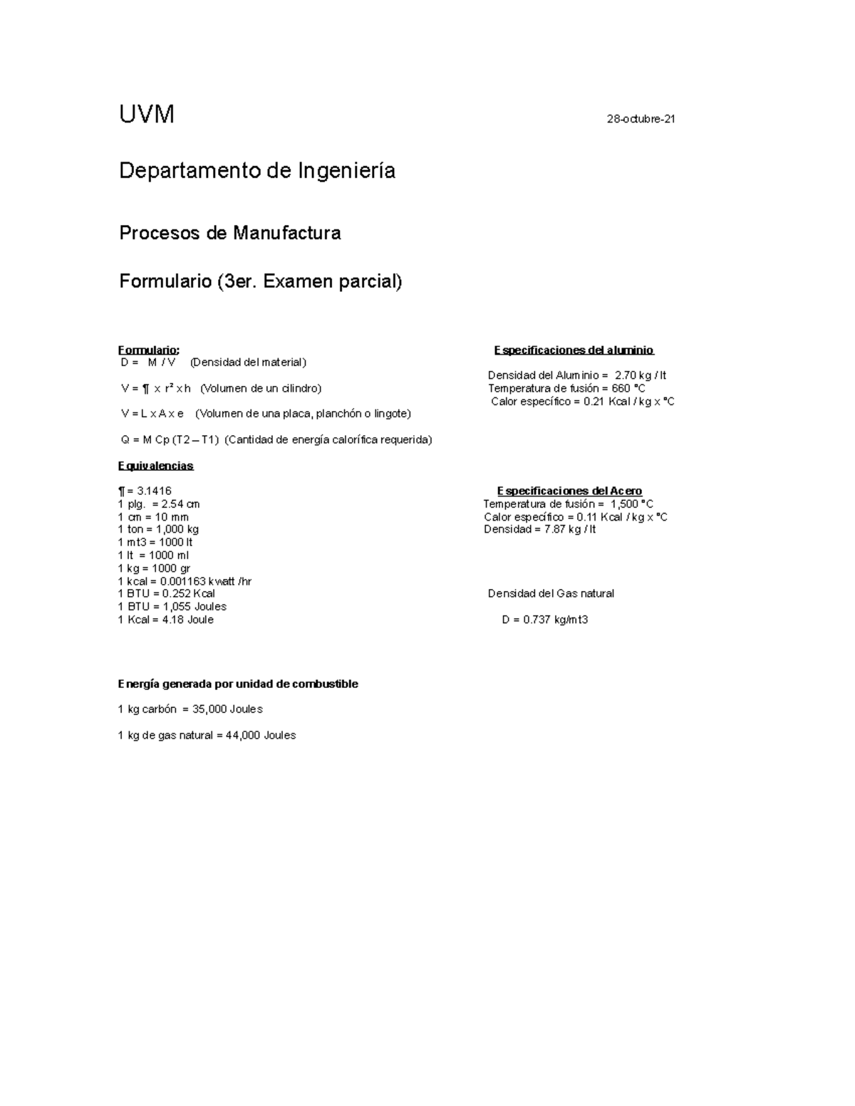 Procesos Manufactura-Formulario.2022 - UVM 28-octubre- Departamento de Ingeniería Procesos de ...