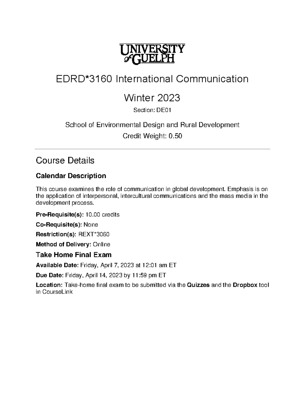 Outline EDRD3160 DE01 W23 final-3 - EDRD*3160 International Communication Winter 2023 Section ...