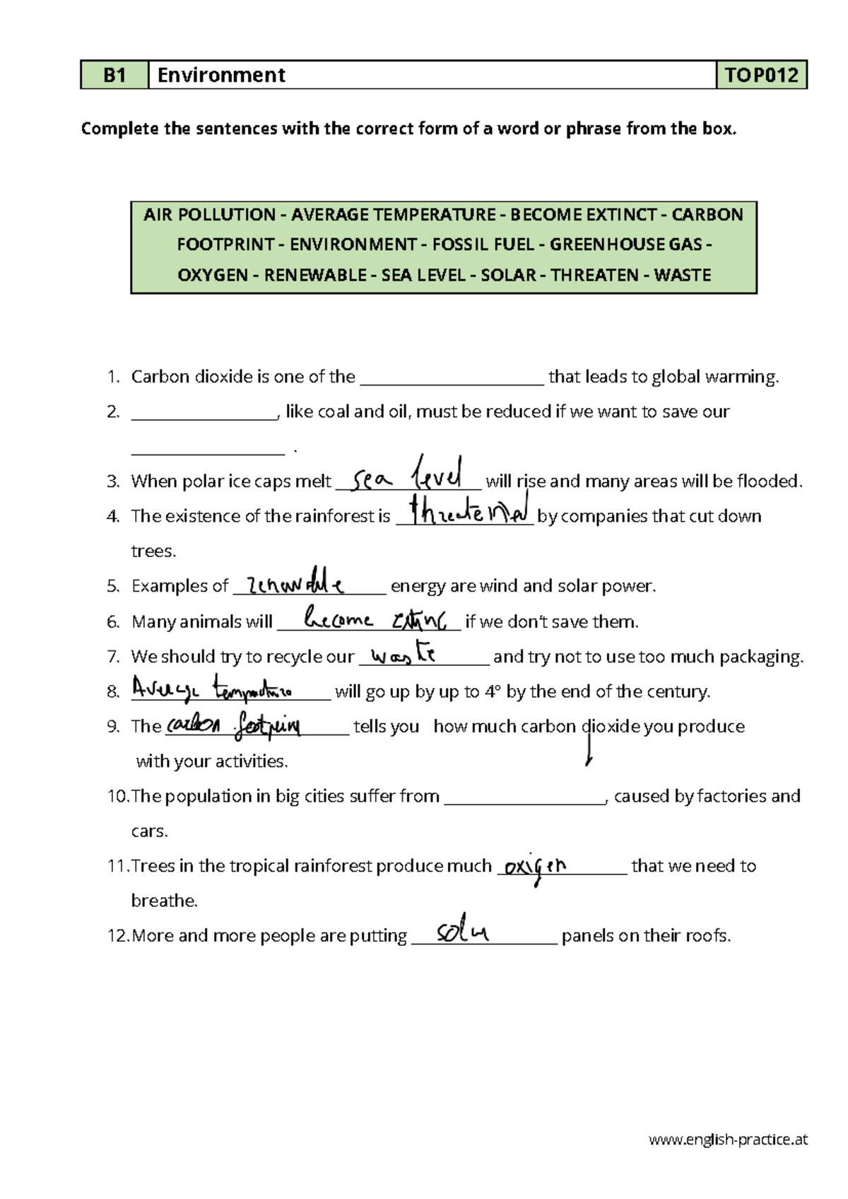 Environment - PDF Vocabulary Worksheet - english-practice B1 ...