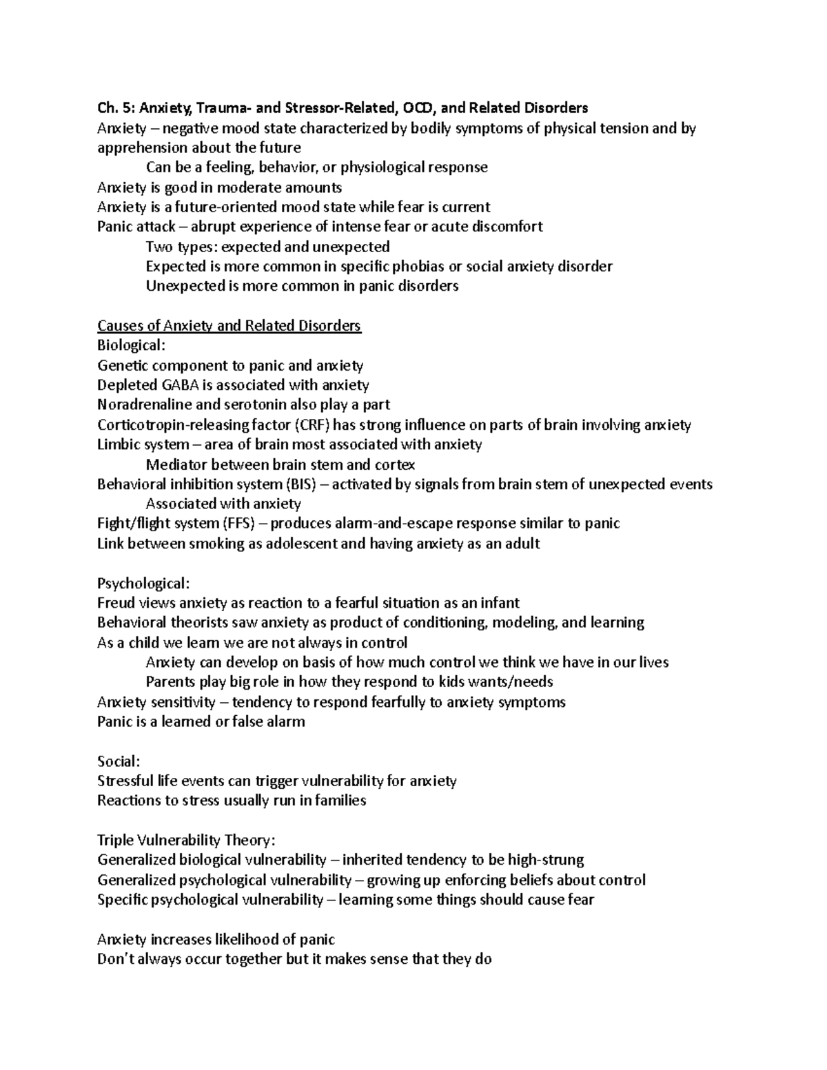 Ch 5 Notes - lecture 5 - Ch. 5: Anxiety, Trauma- and Stressor-Related ...