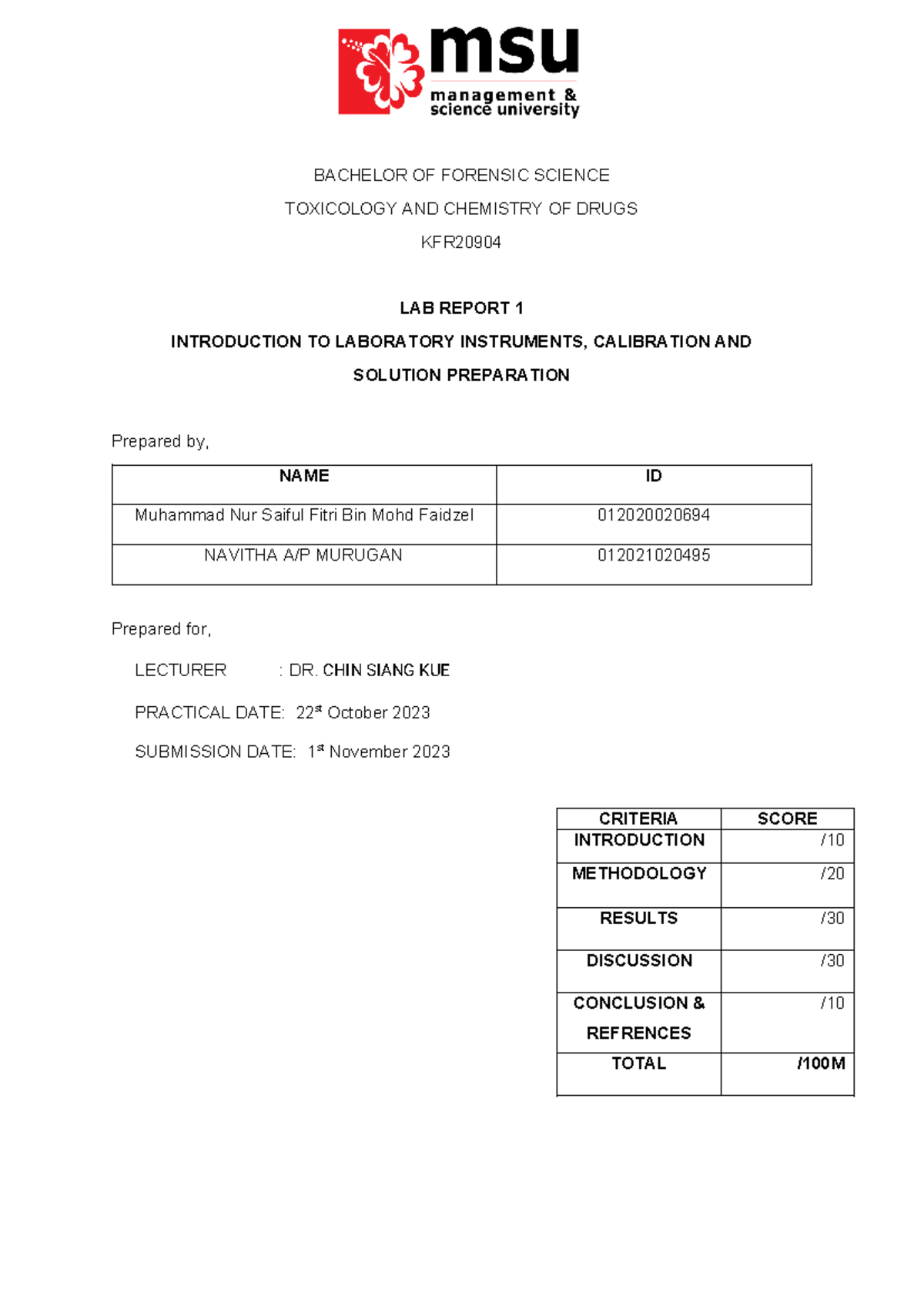 Toxicology lab report - cousework - BACHELOR OF FORENSIC SCIENCE ...