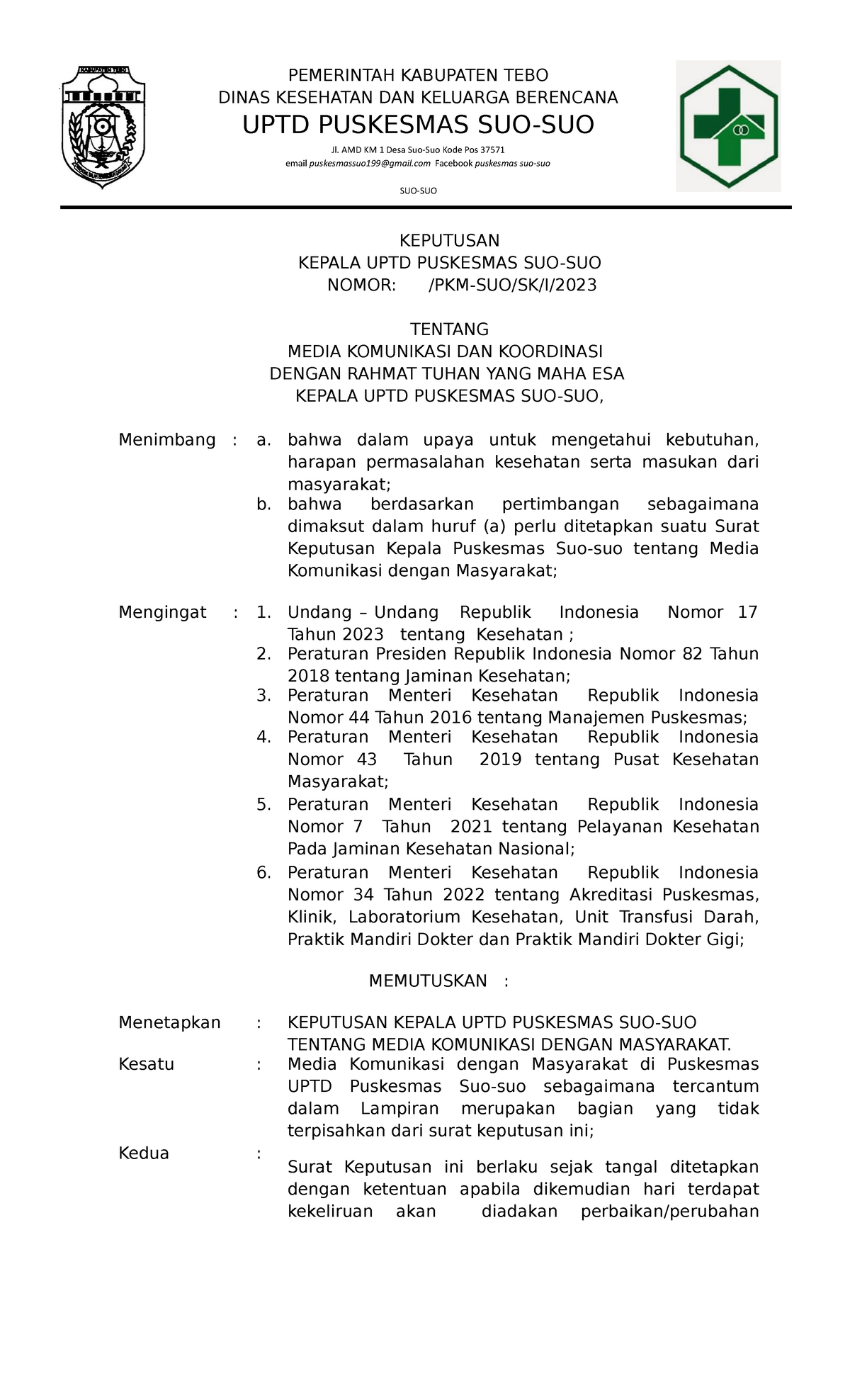 SK Media Komunikasi DAN Koordinasi - KEPUTUSAN KEPALA UPTD PUSKESMAS SUO-SUO NOMOR: /PKM-SUO/SK ...