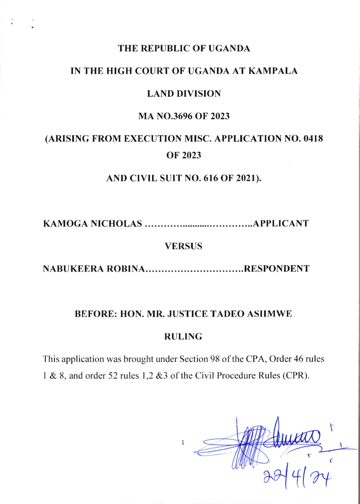 Kamoga v Nabukeera (MA 3696 of 2023) 2024 Ughcld 108 (22 April 2024 ...