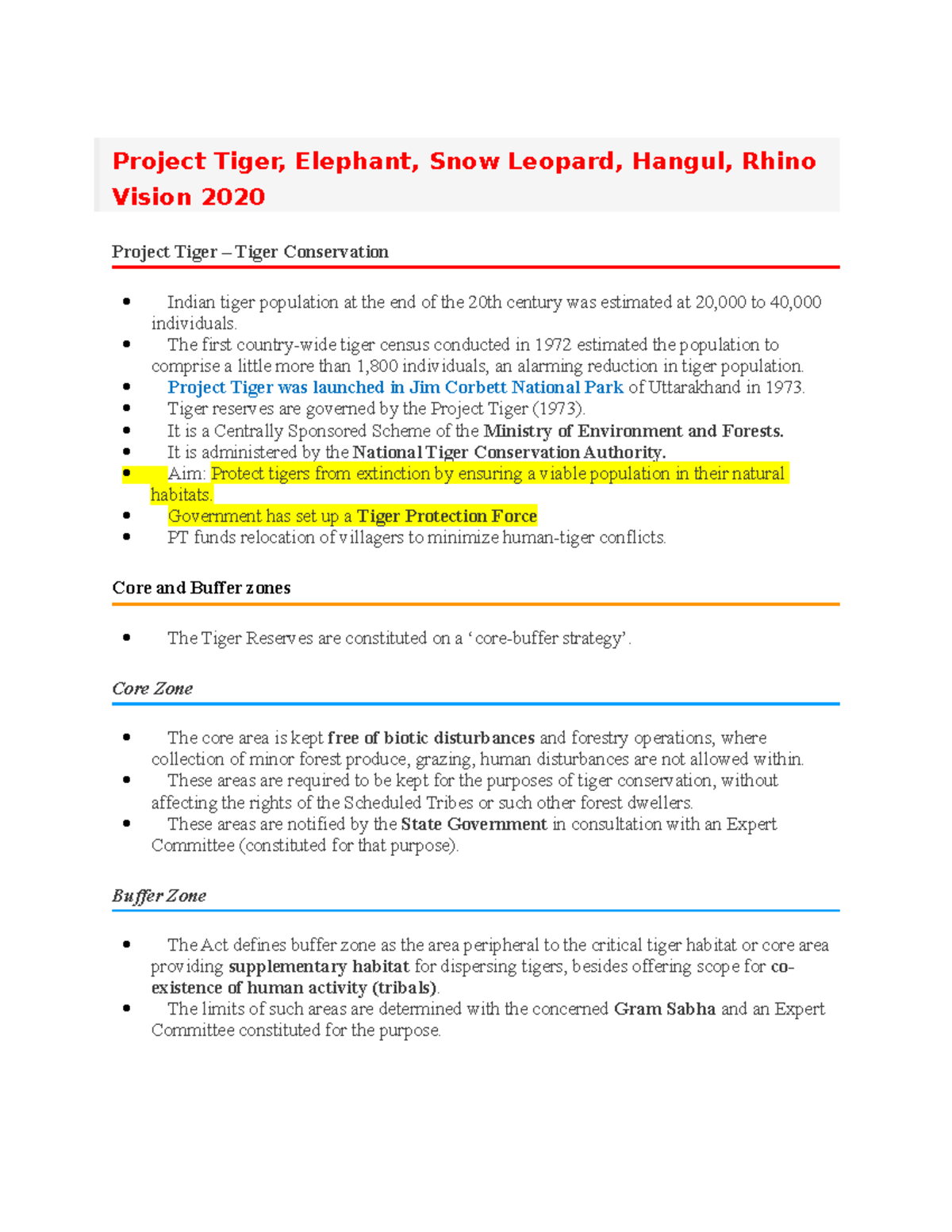 Conservation Project - summary - Project Tiger, Elephant, Snow Leopard ...