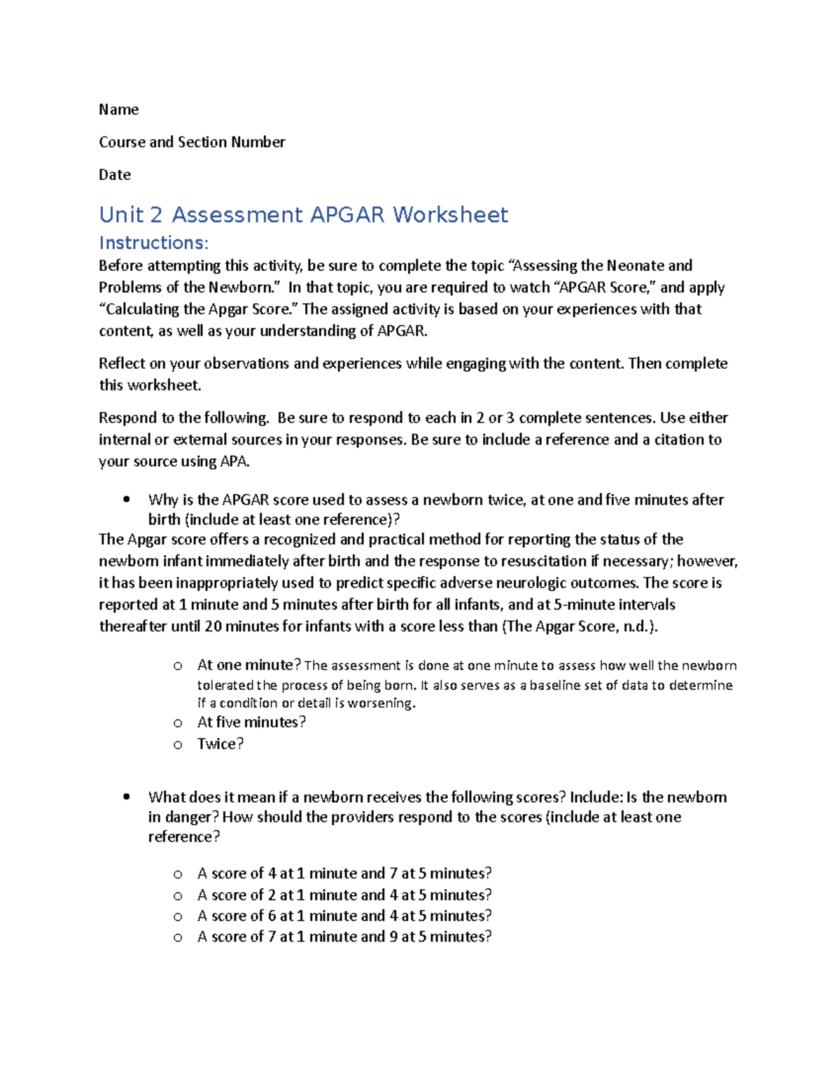Apgar Assignment Worksheet - Name Course and Section Number Date Unit 2 ...