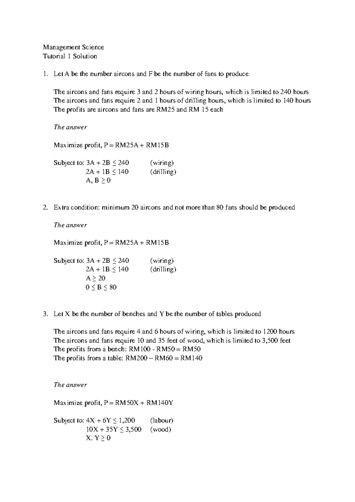 Tutorial 1 Solution - statistic - Management Science Tutorial 1 ...