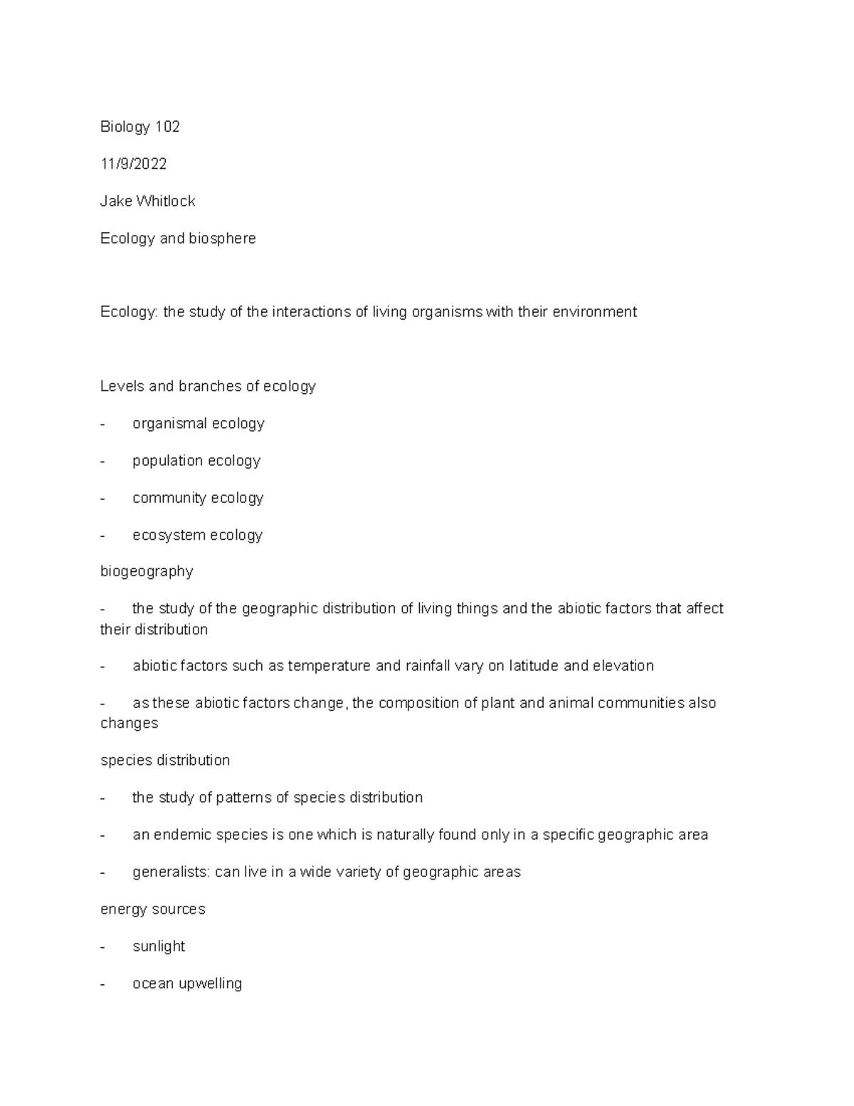 BIO 102 Note 7 - This has chapters in it - Biology 102 11/9/ Jake ...