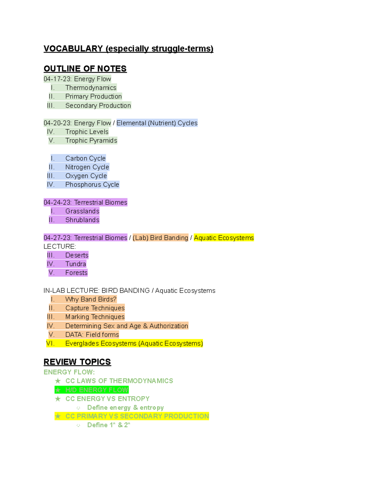 EXAM 3 BIOL 213 Study Guide - VOCABULARY (especially struggle-terms ...