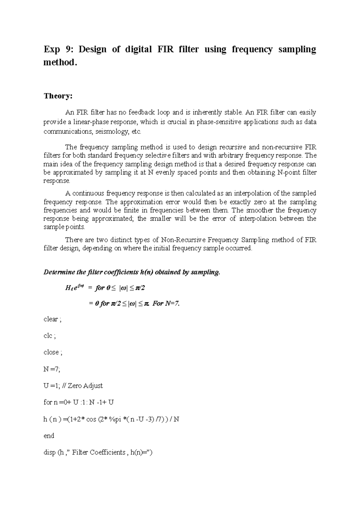 EXp 9-DSP - Exp 9: Design of digital FIR filter using frequency sampling method. Theory: An FIR ...