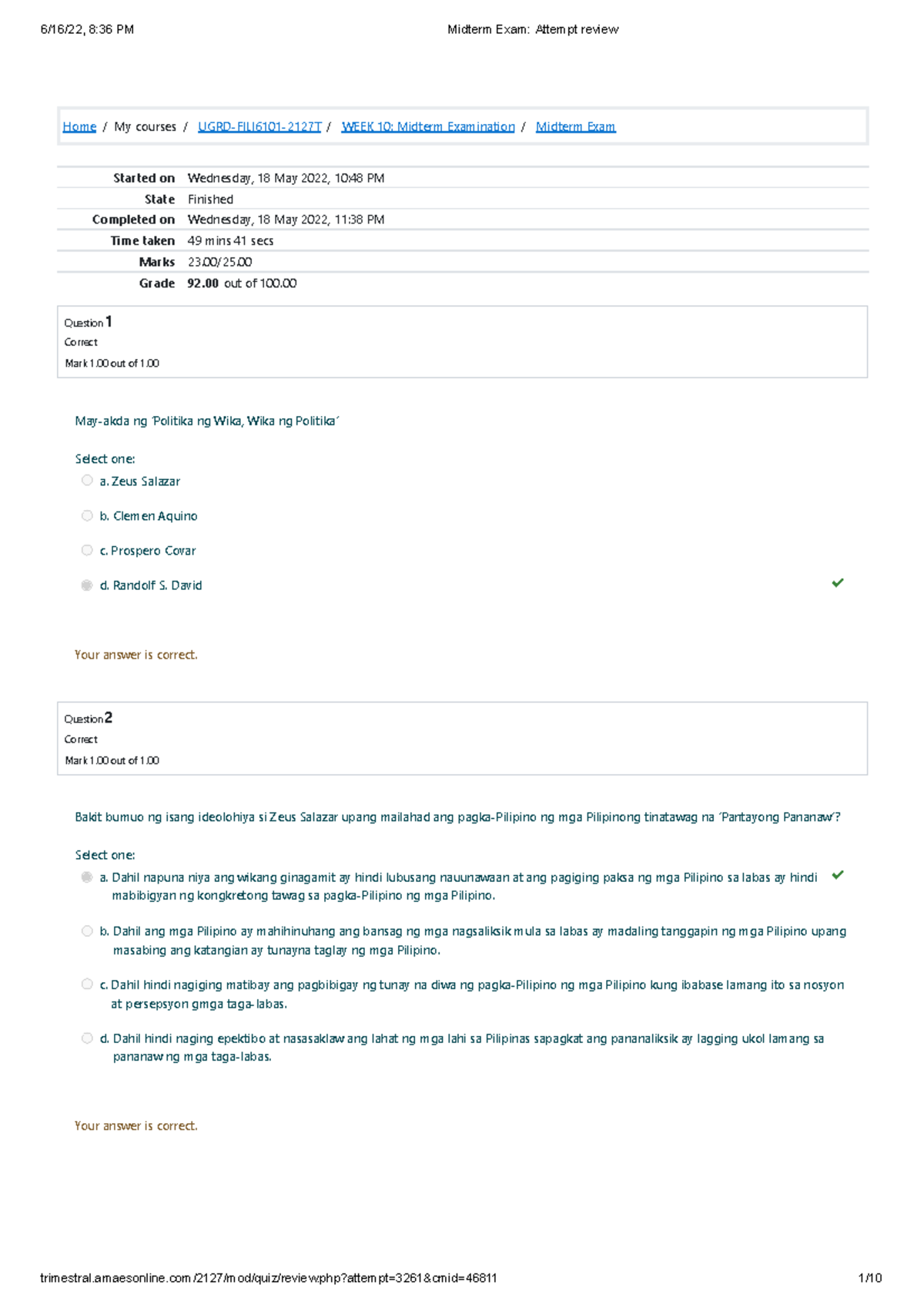 Midterm Exam Attempt reviewwika - Home/My courses/ UGRD-FILI6101-2127T/ WEEK 10: Midterm - Studocu