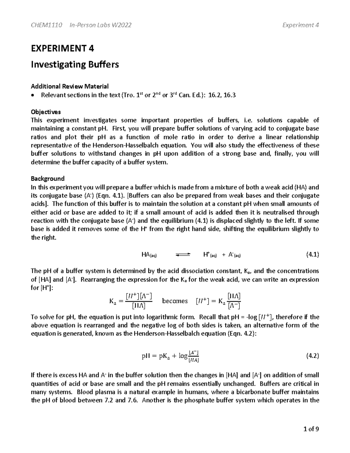 Exp 4 Buffer Investigations - EXPERIMENT 4 Investigating Buffers Additional Review Material ...