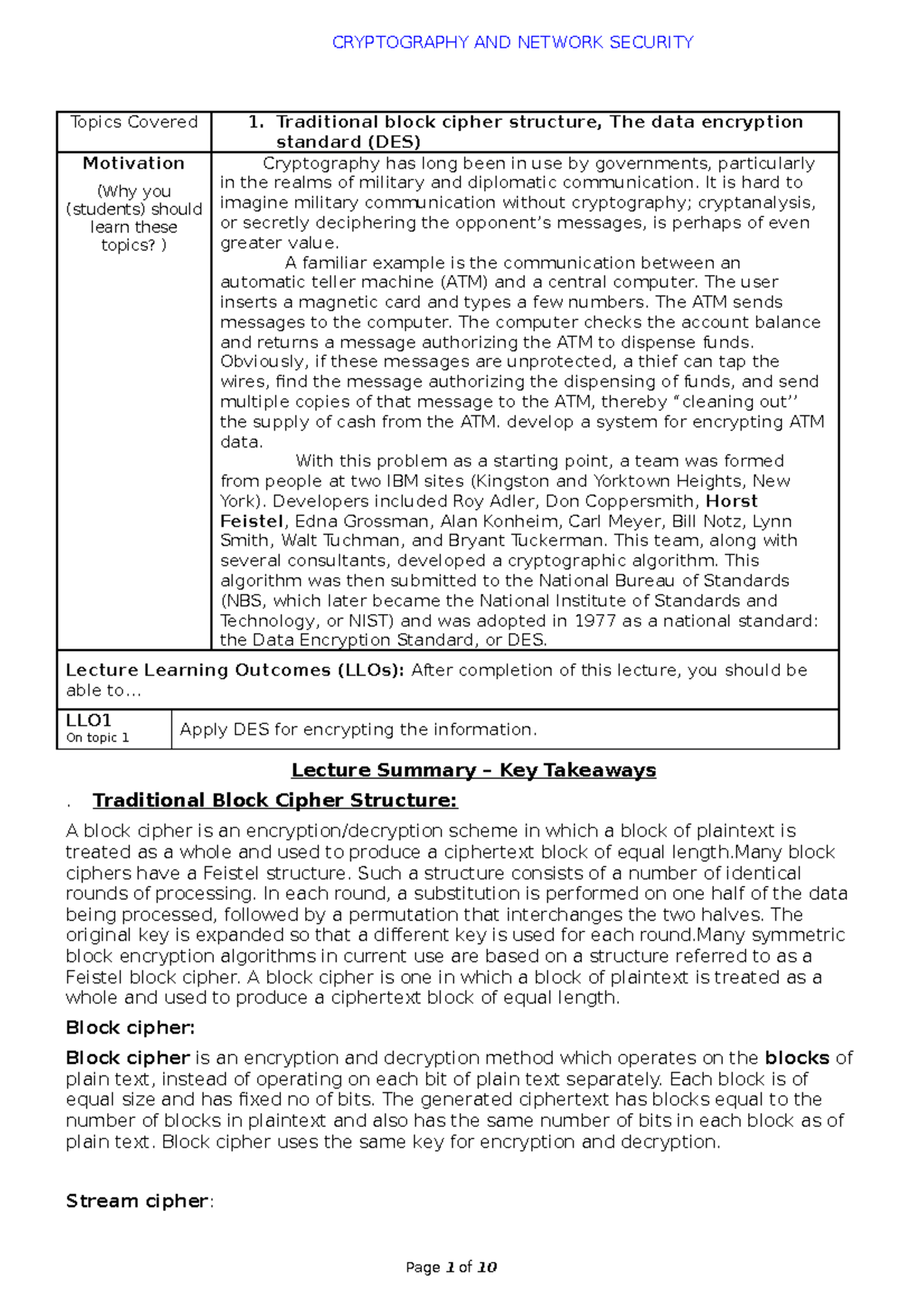 Traditional block cipher structure, The data encryption standard (DES) - Topics Covered 1. - Studocu