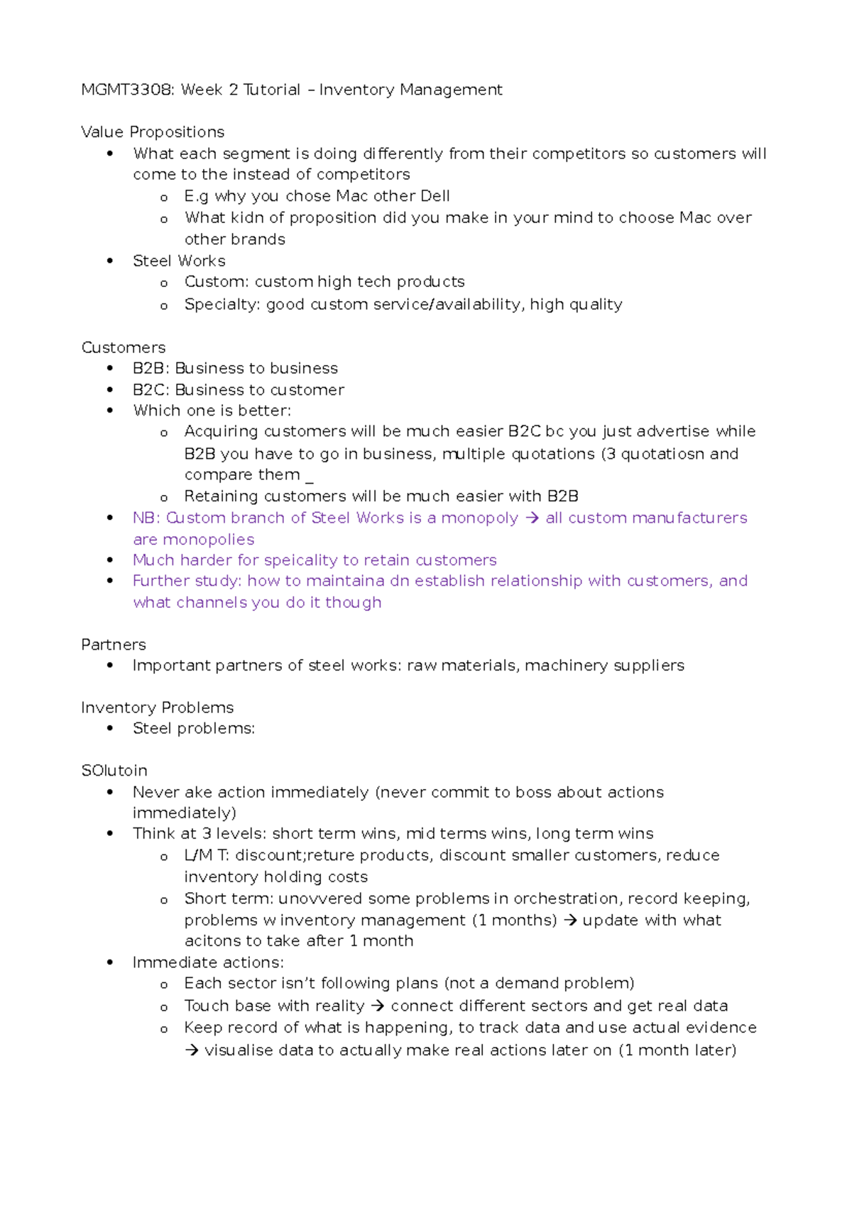 Week 3 Tutorial - Week 3 Tute notes - MGMT3308: Week 2 Tutorial ...