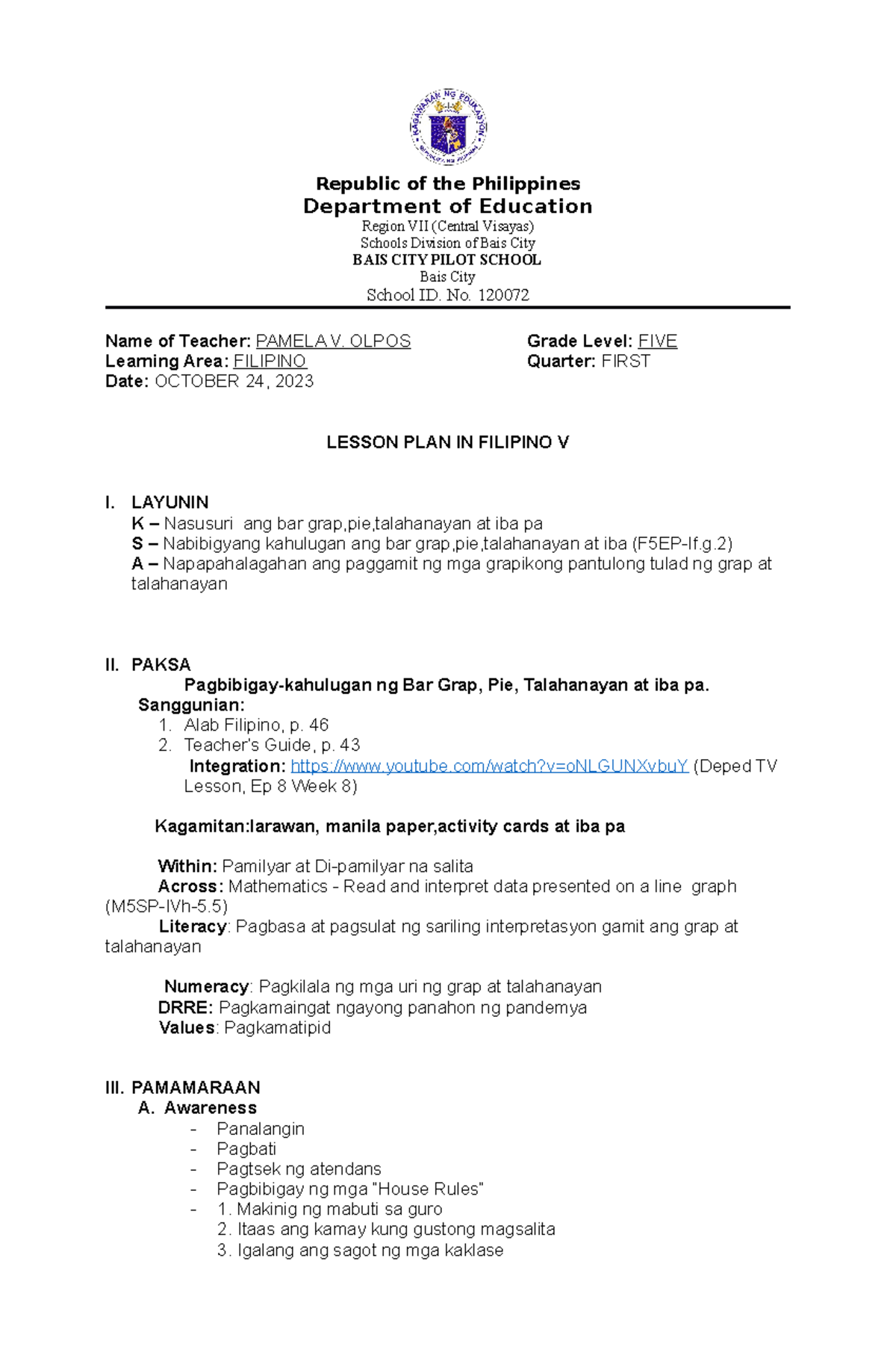 COT Q1 Graphs OCT - Republic of the Philippines Department of Education ...