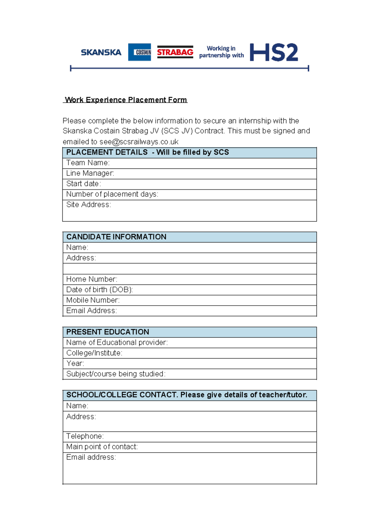 Work Expereience Placement Form - Work Experience Placement Form Please ...