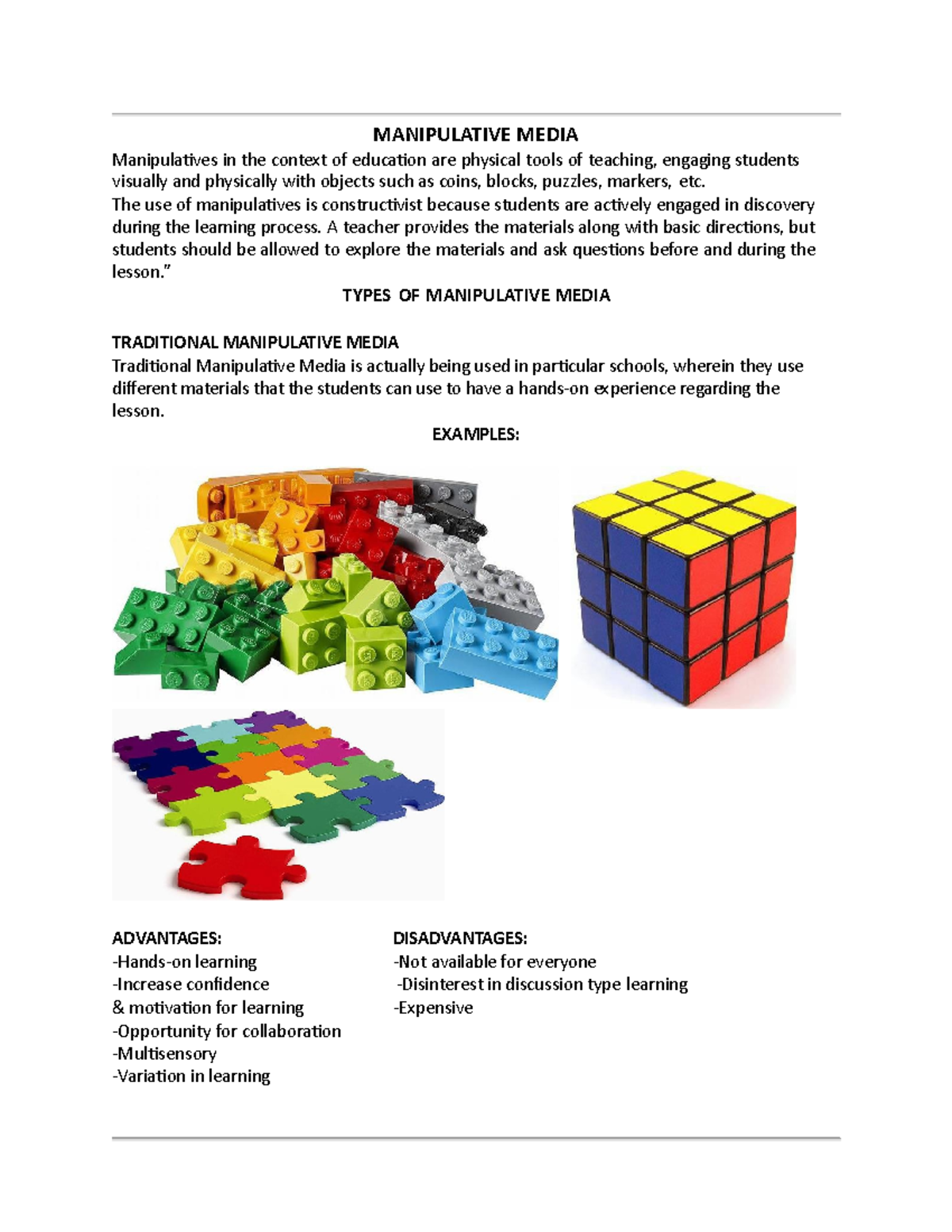 Manipulative Media - MANIPULATIVE MEDIA Manipulatives in the context of education are physical ...