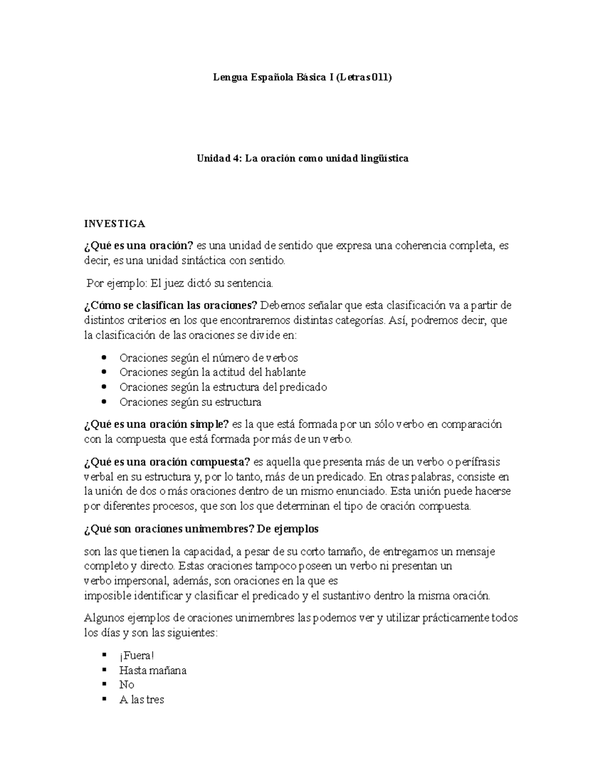 Cuestionario Unidad 4 La oración como unidad lingüística - Lengua ...