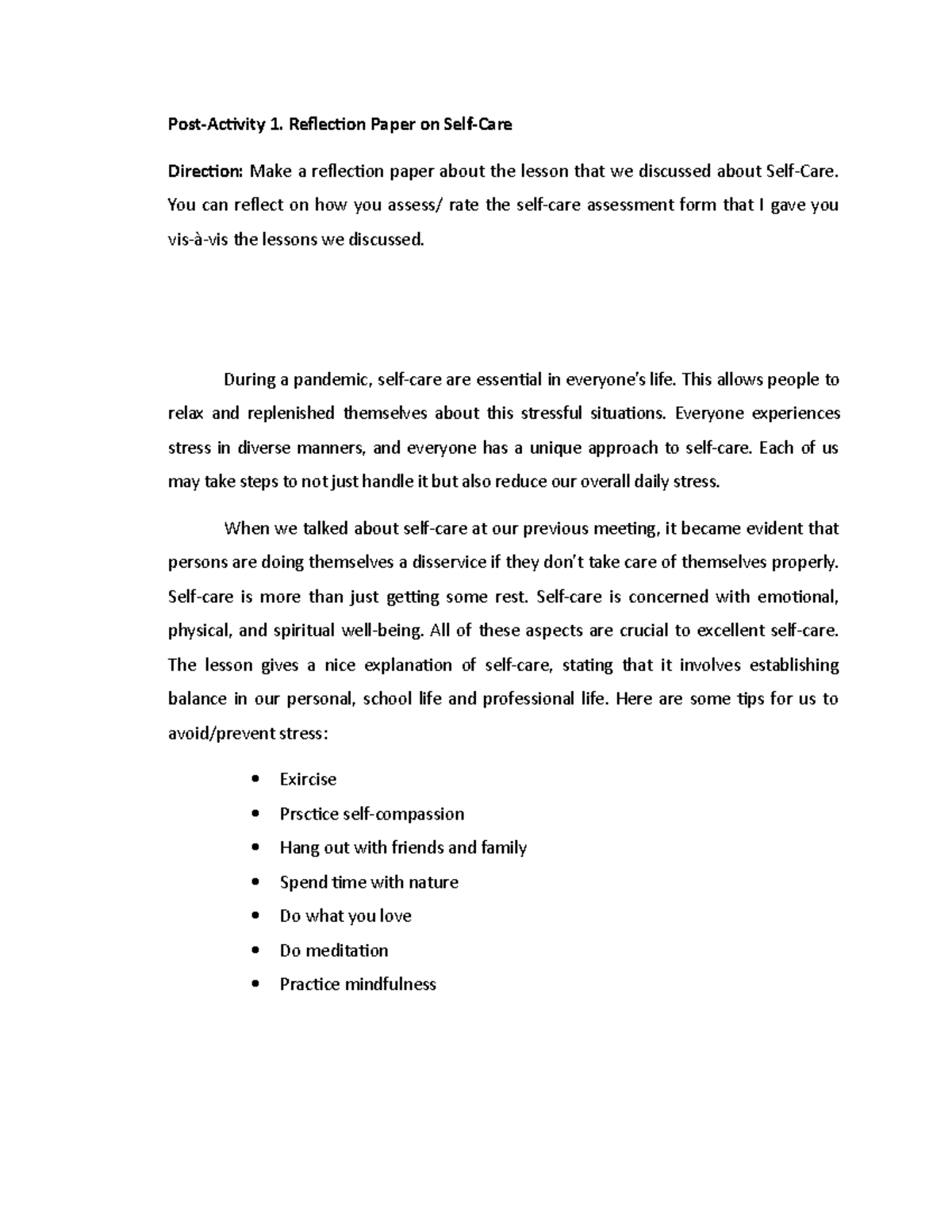 Post-Activity 1 - Reflection Paper on Self-Care Direction: Make a ...