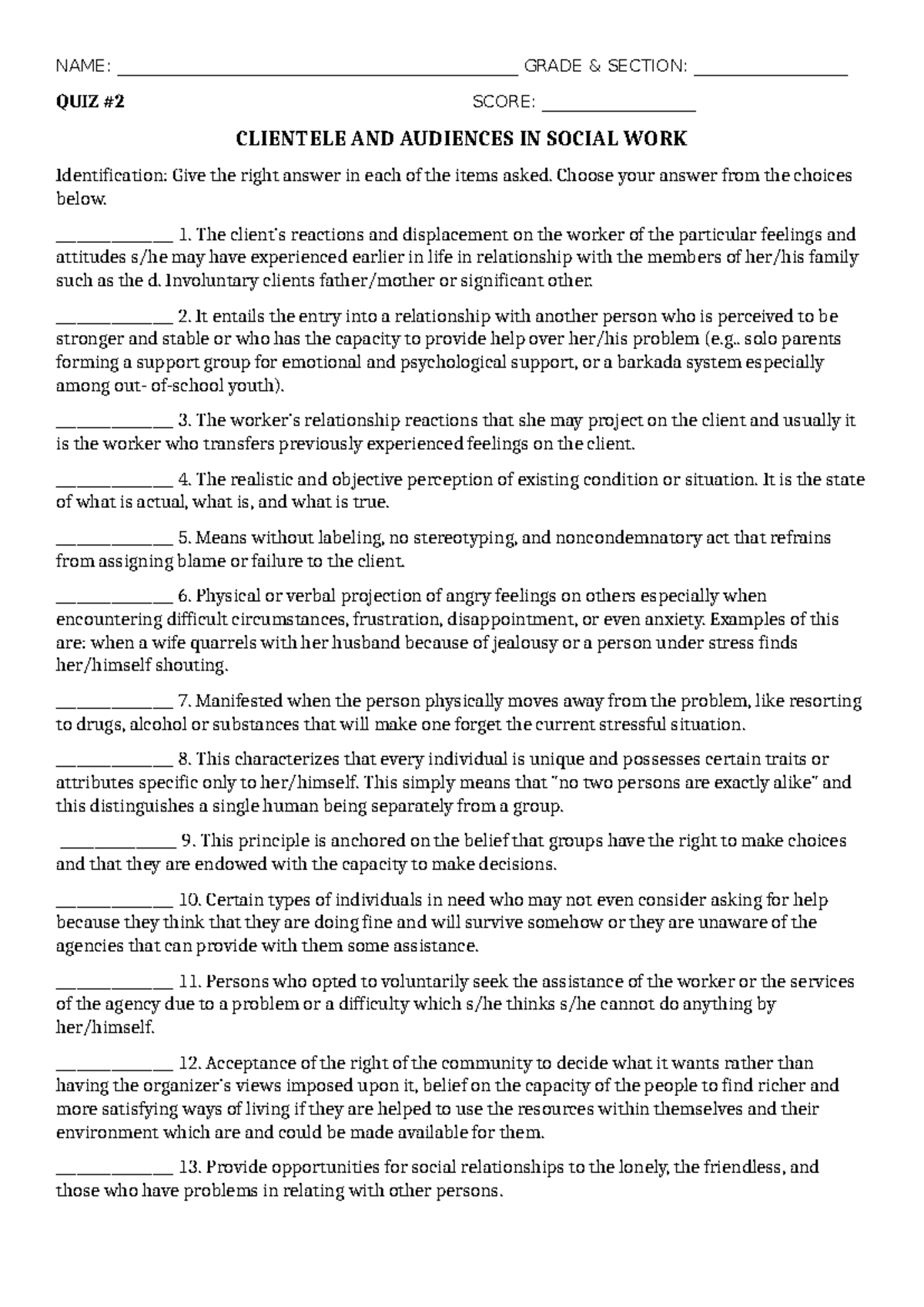 Clientele AND Audiences IN Social WORK QUIZ 2 3 - NAME: - Studocu
