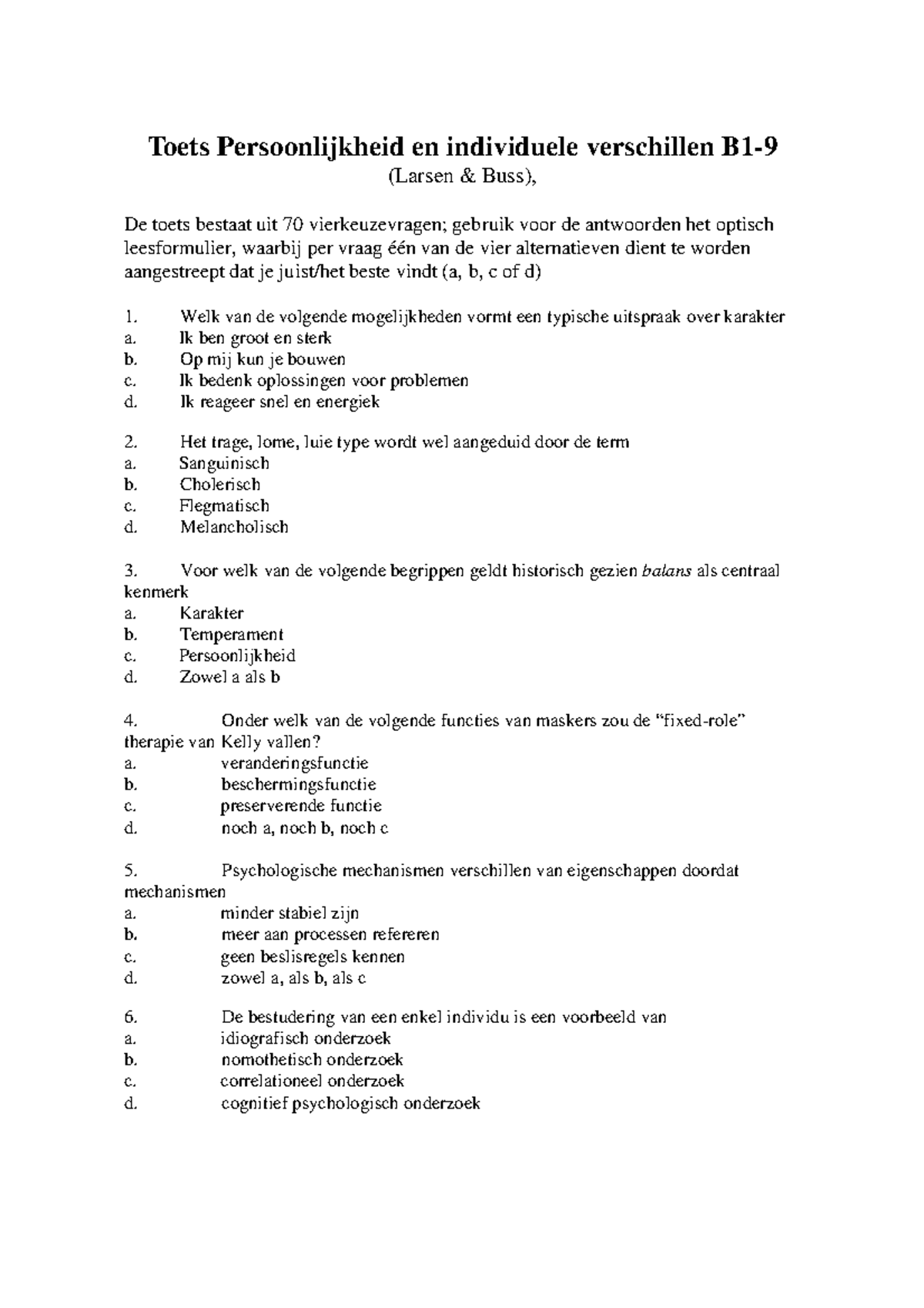 Oefententamen 2 met antwoorden - Toets Persoonlijkheid en individuele ...