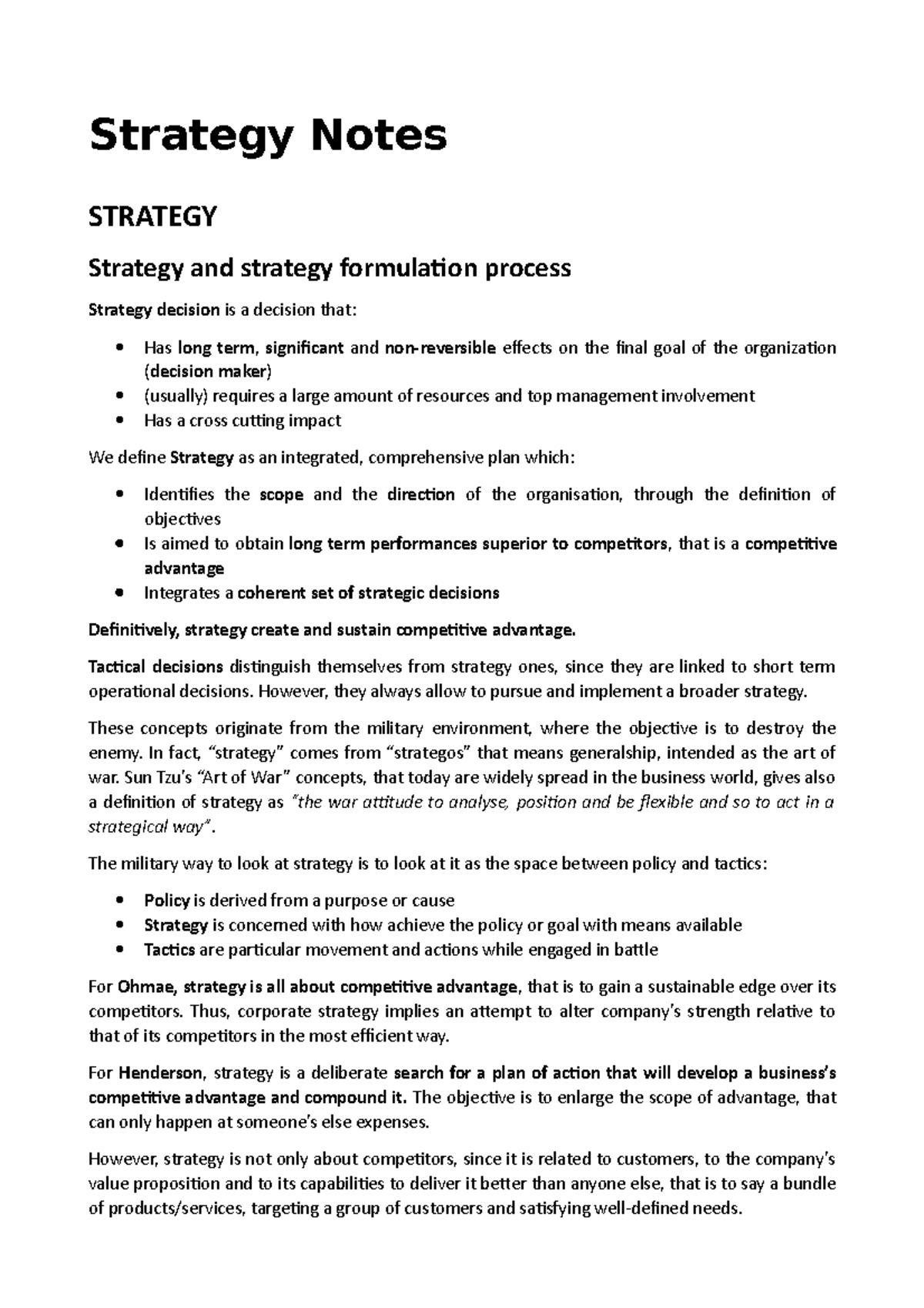 S&M notes - Strategy Notes STRATEGY Strategy and strategy formulation ...