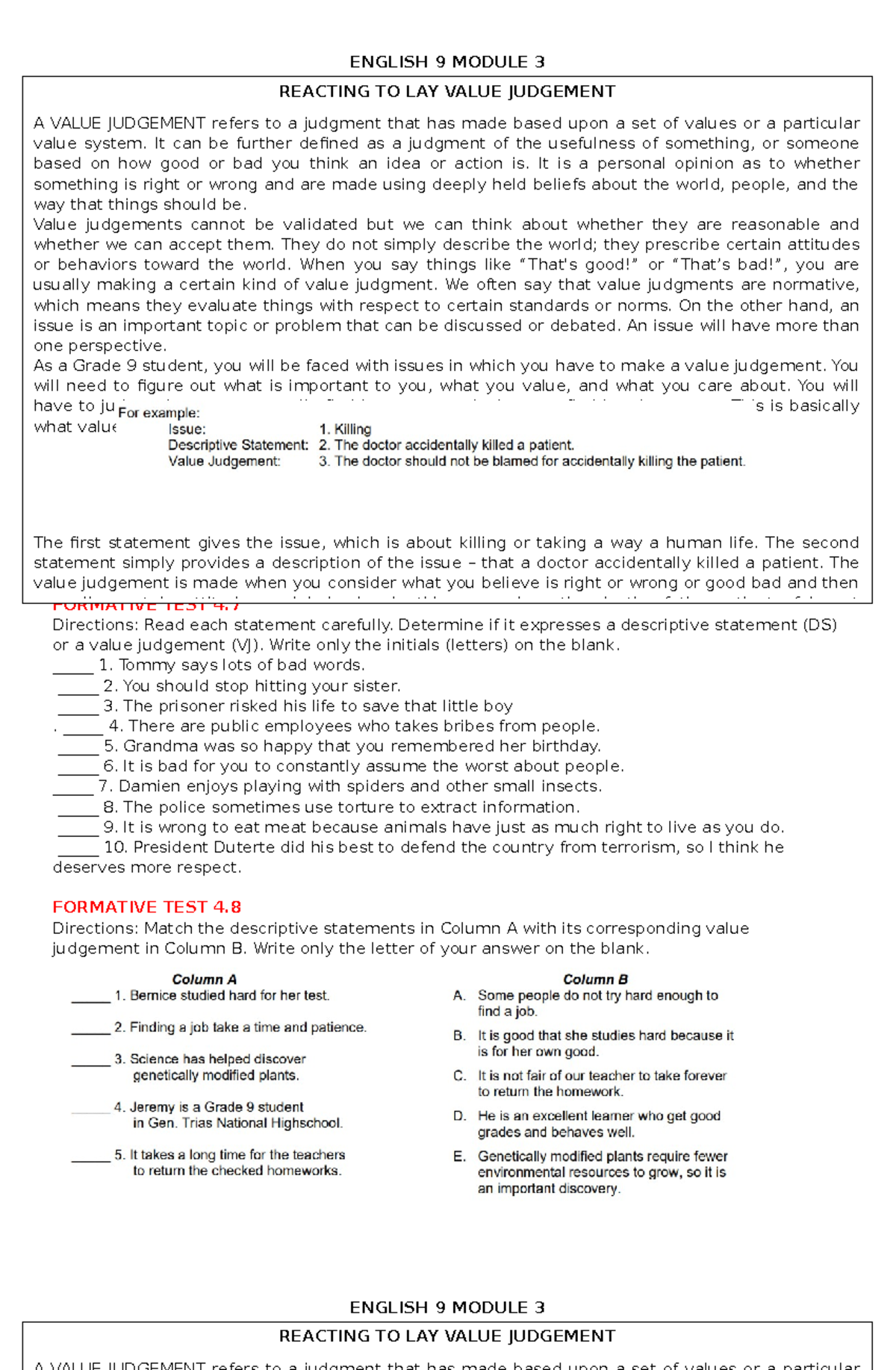 English 9 Module 3 - ENGLISH 9 MODULE 3 FORMATIVE TEST 4. Directions ...