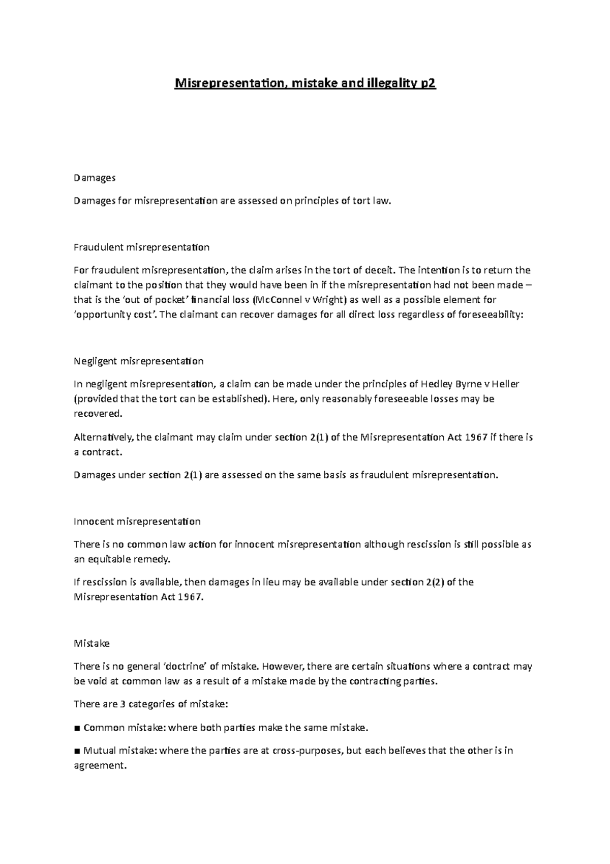 Chapter 6 p2 - Misrepresentation, mistake and illegality p Damages ...