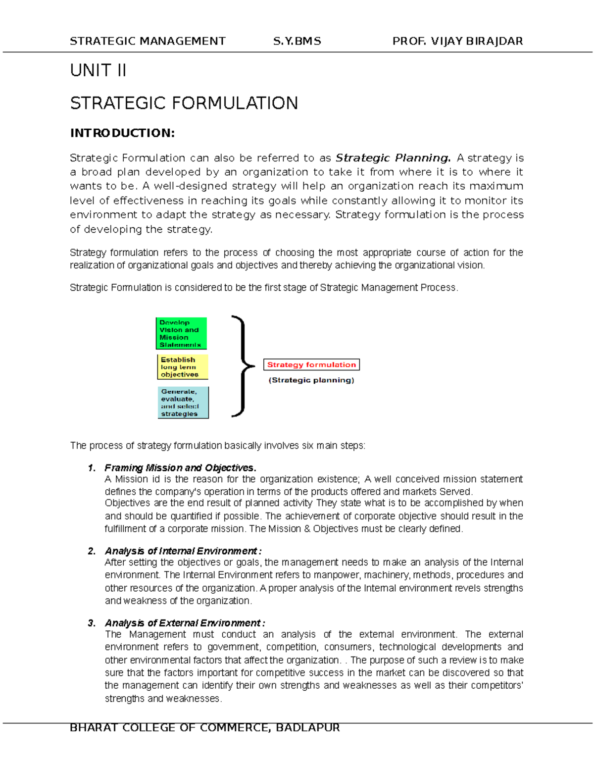 Strategic-Management-Notes - UNIT II STRATEGIC FORMULATION INTRODUCTION ...