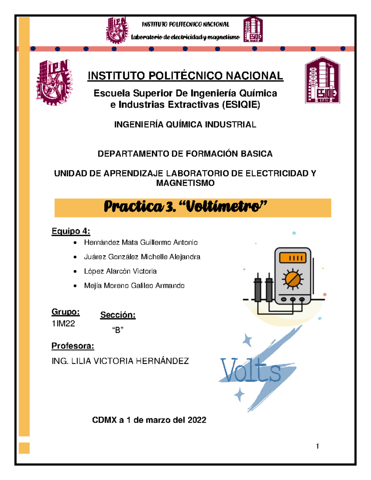 Práctica 3 Voltímetro DE ELECTRICIDAD Y MAGNETISMO 265 - Laboratorio de electricidad y ...