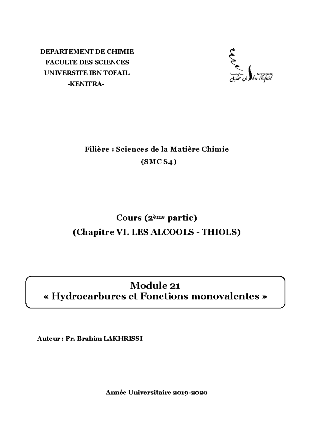 (Chapitre VI. LES Alcools - Thiols - DEPARTEMENT DE CHIMIE FACULTE DES ...