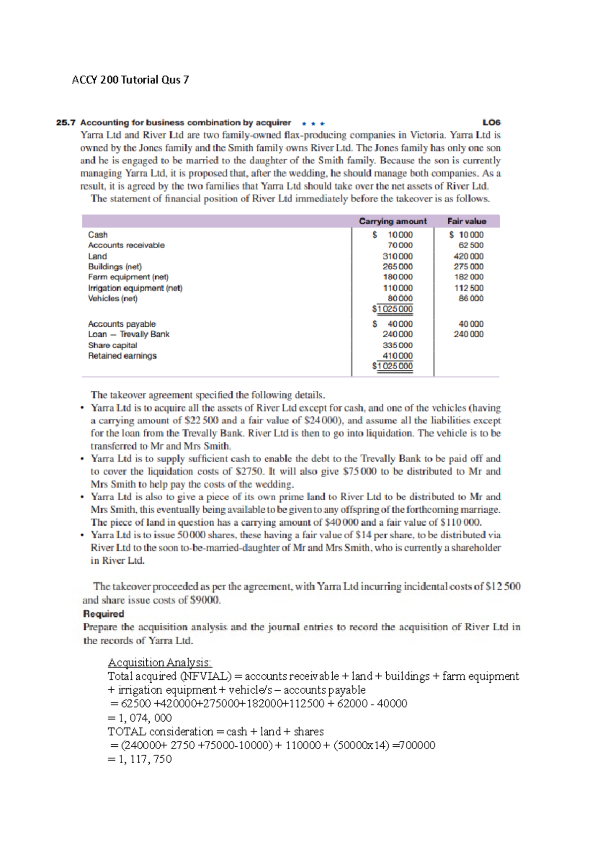ACCY 200 Tutorial Qus 7 - tute 7 - ACCY 200 Tutorial Qus 7 Acquisition Analysis: Total acquired ...
