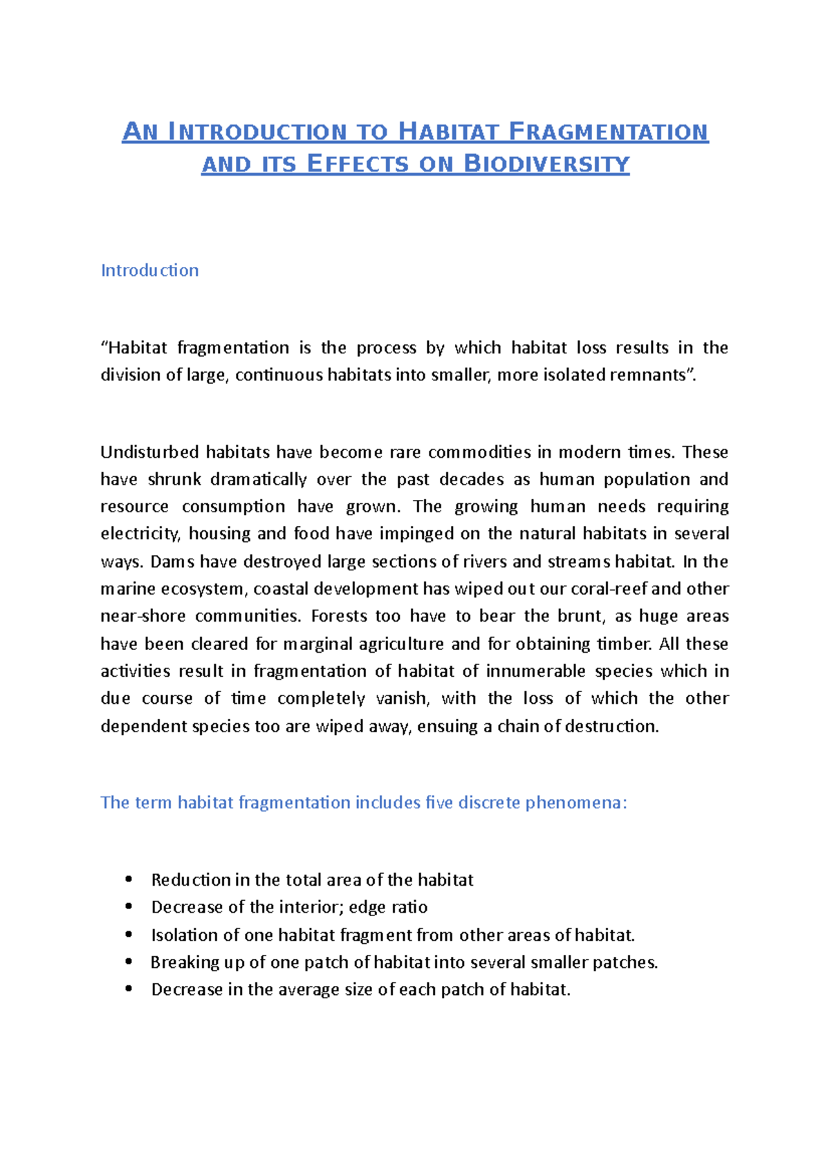 AN Introduction TO Habitat Fragmentation AND ITS Effects ON ...