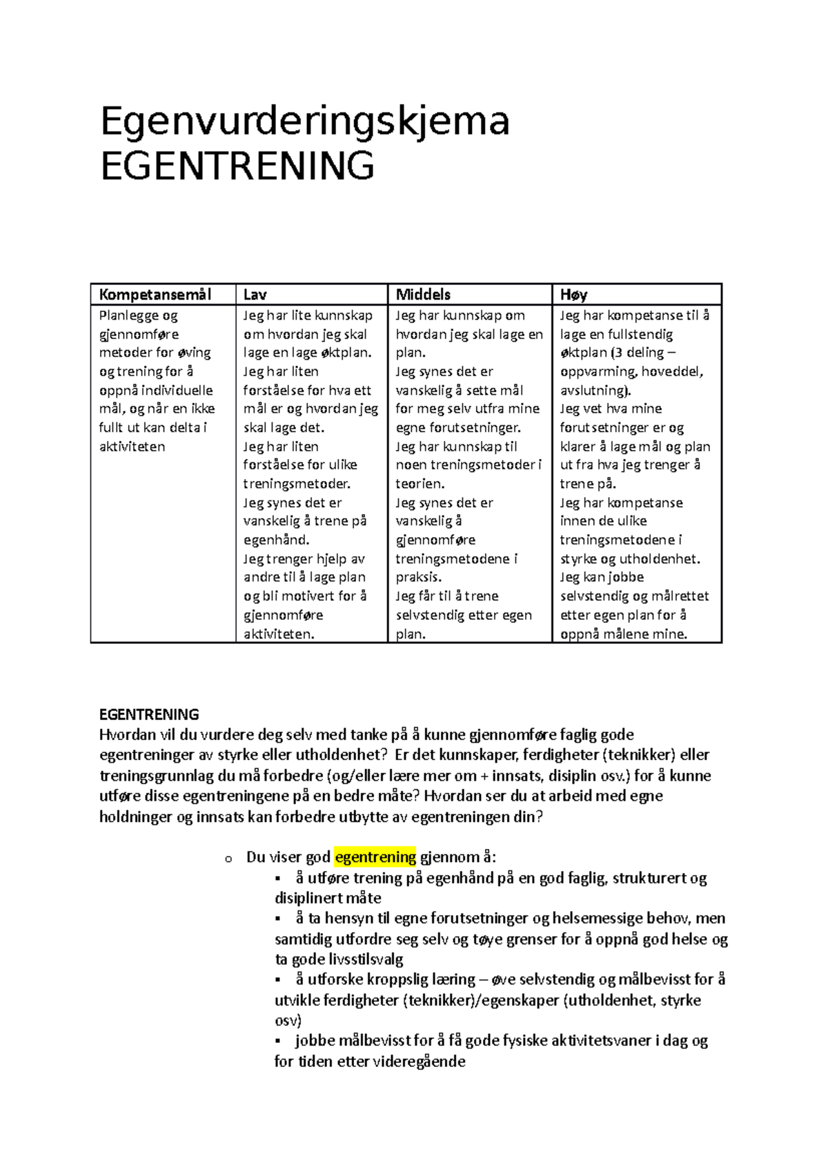Egenvurderingskjema Egentrening - Egenvurderingskjema EGENTRENING ...