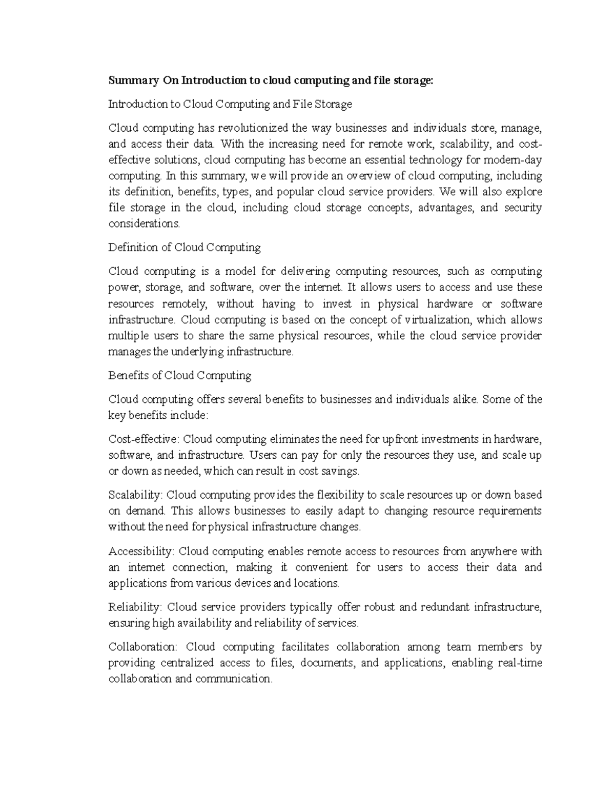 Summary On Introduction to cloud computing and file storage - Summary ...