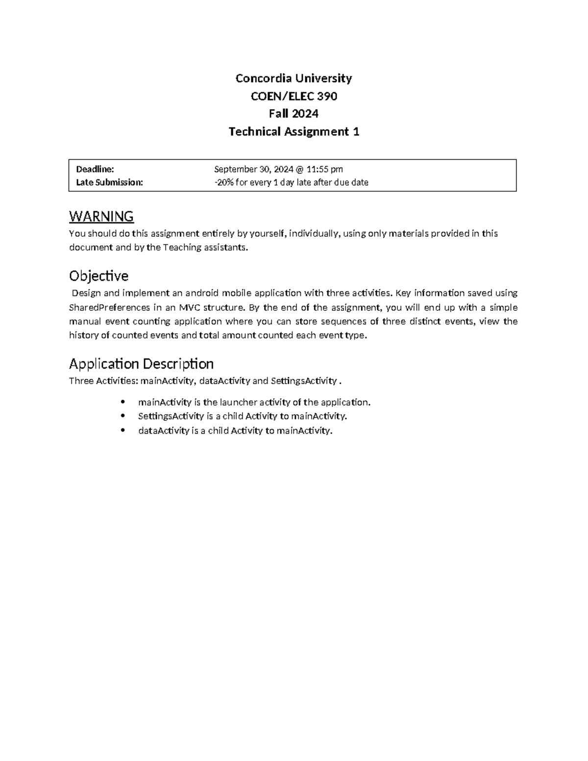 Programming (Computer) Assignment 1 Instructions - Concordia University ...