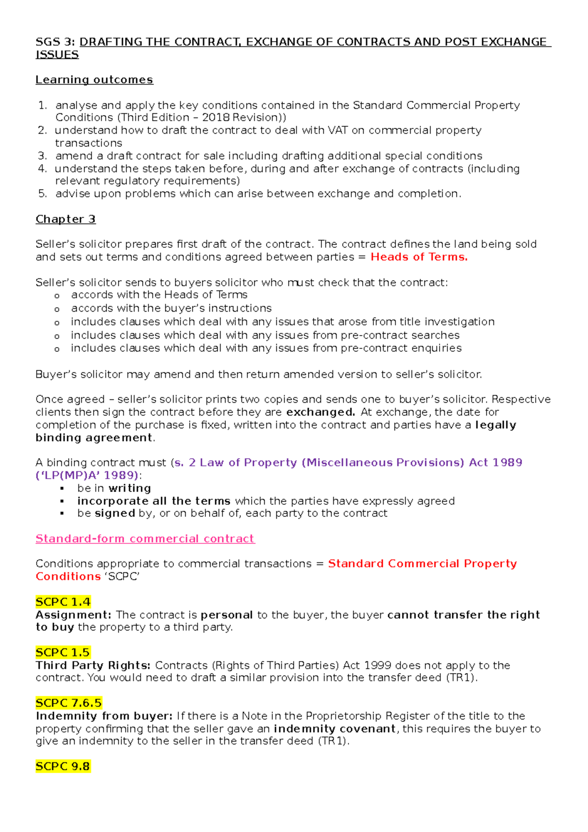 SGS 3- Drafting the contract, exchange and post-exchange - SGS 3: DRAFTING THE CONTRACT ...
